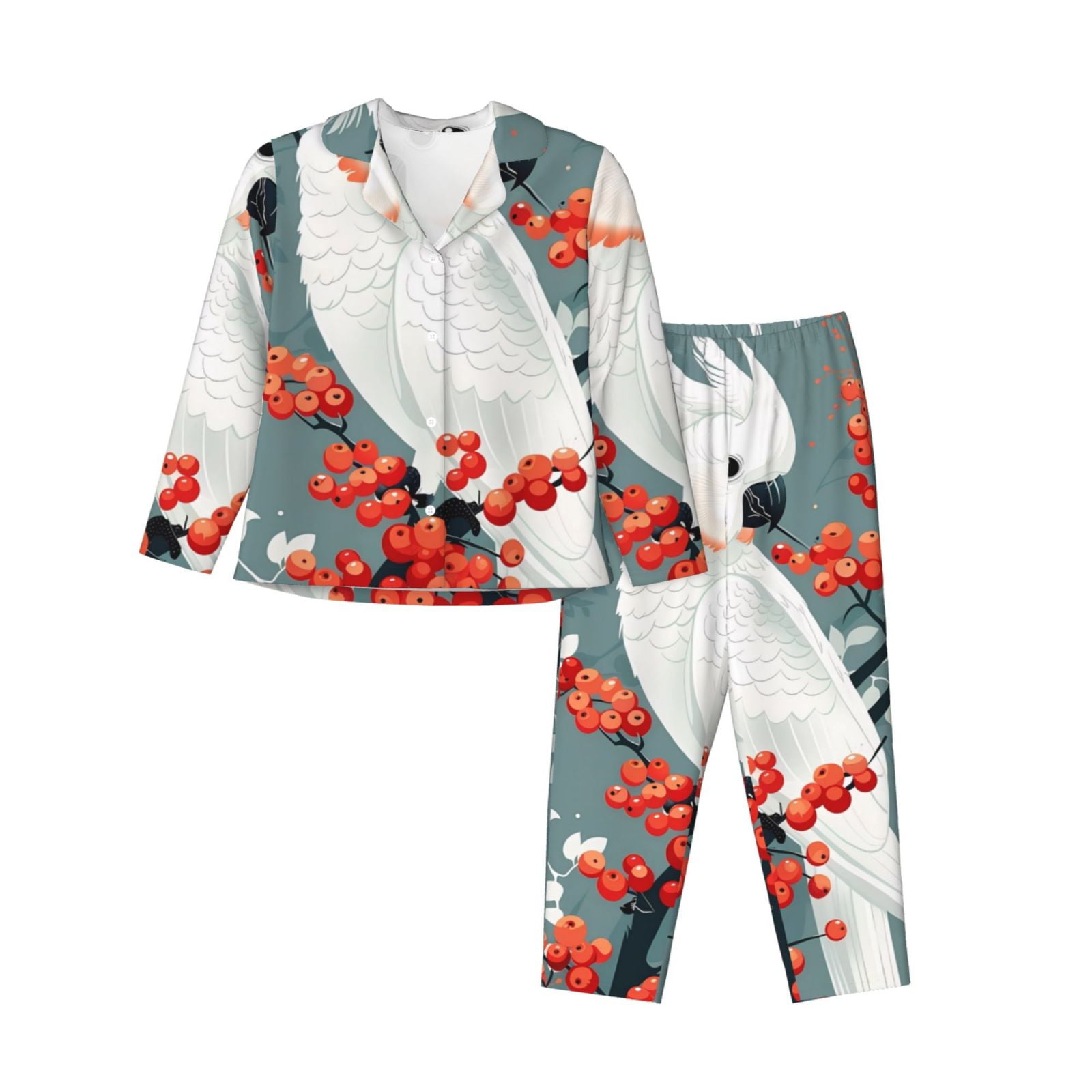 Balery Cockatoo Red Berries Pattern Pajama Sets for Women Long Sleeve 2 ...