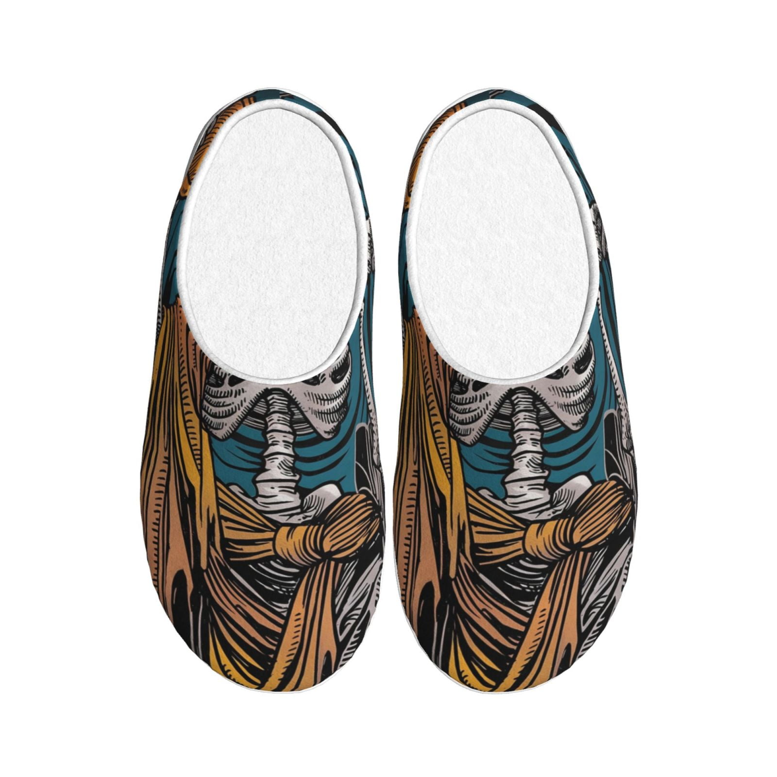 Balery Coffee-Drinking Skull Pattern Women's Fuzzy Memory Foam Slippers ...