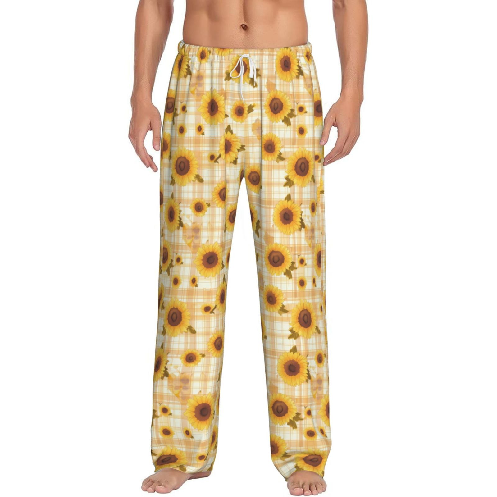 Balery Coffee Plaid Sunflower print Men's Pajama Pants,Ultra ...