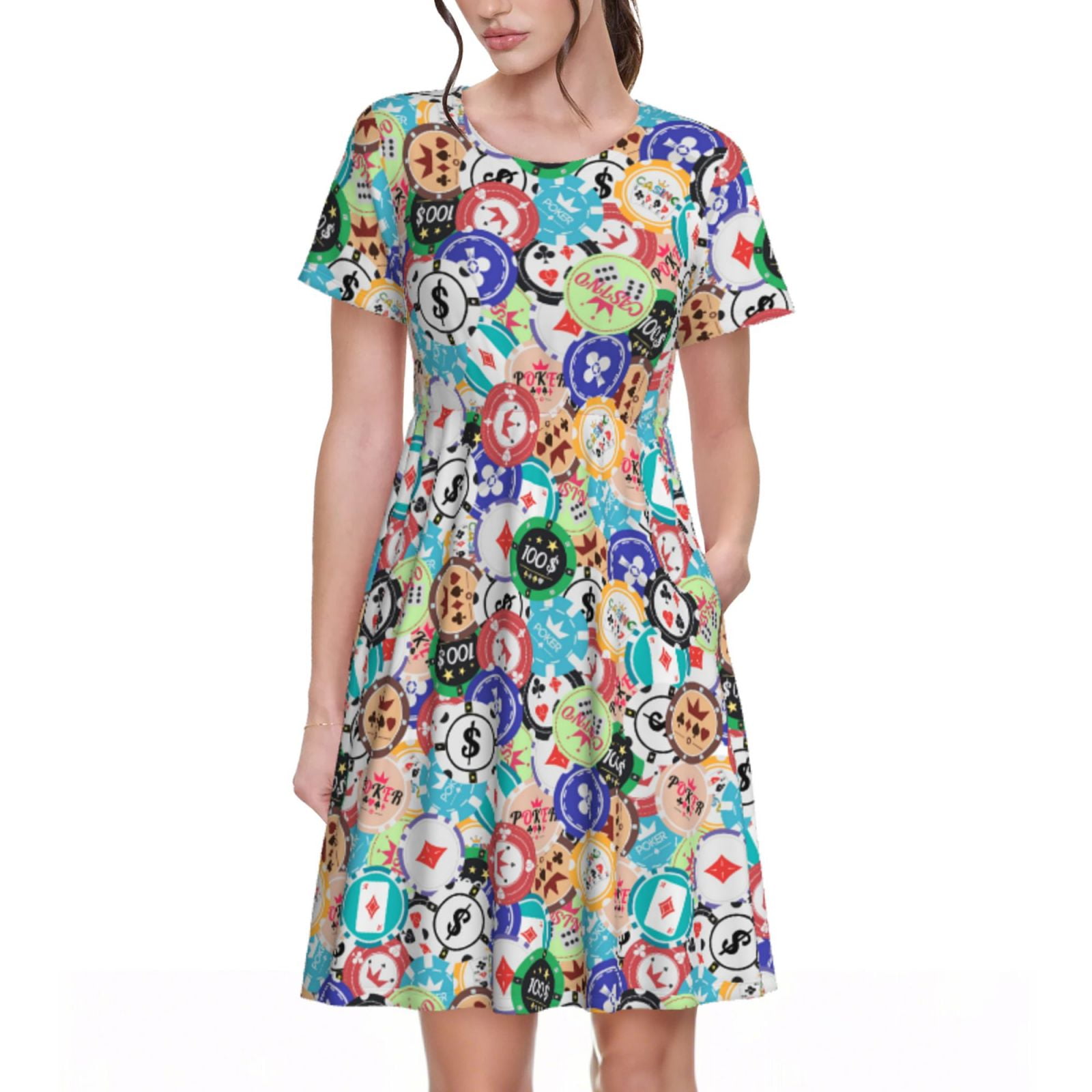 Balery Colored Casino Chips Pattern Womens Dresses Loose Short sleeve ...