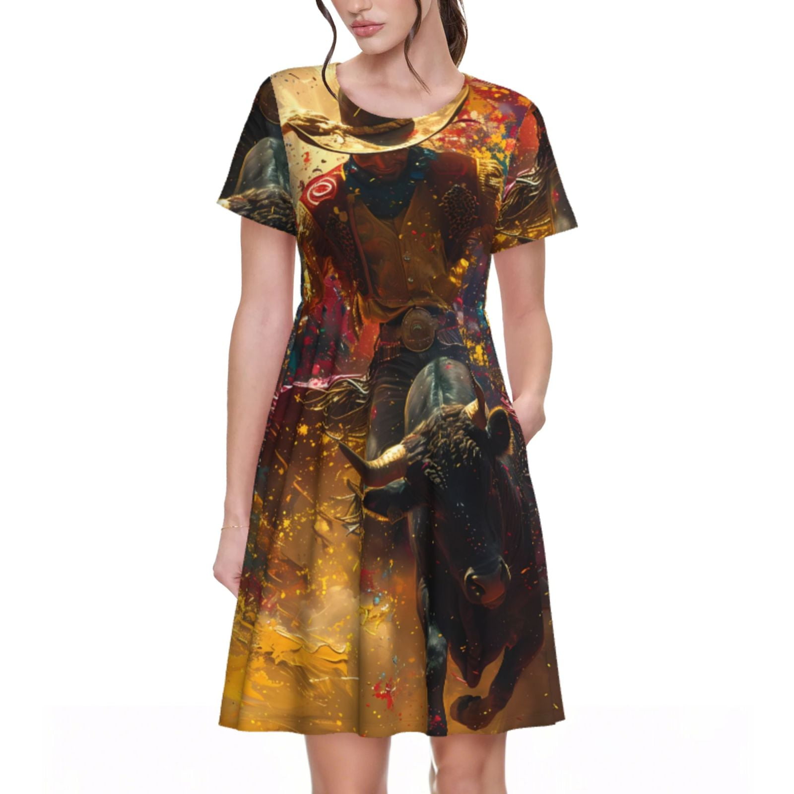 Balery Colorful Bull Western Man Pattern Womens Dresses Loose Short ...