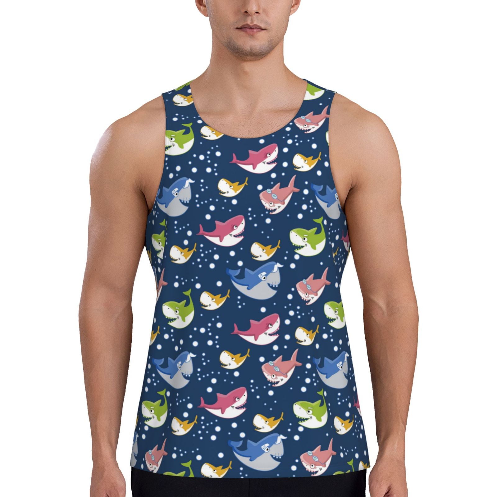 Balery Colorful Cartoon Shark Pattern Men's Workout Tank Top Gym Muscle ...