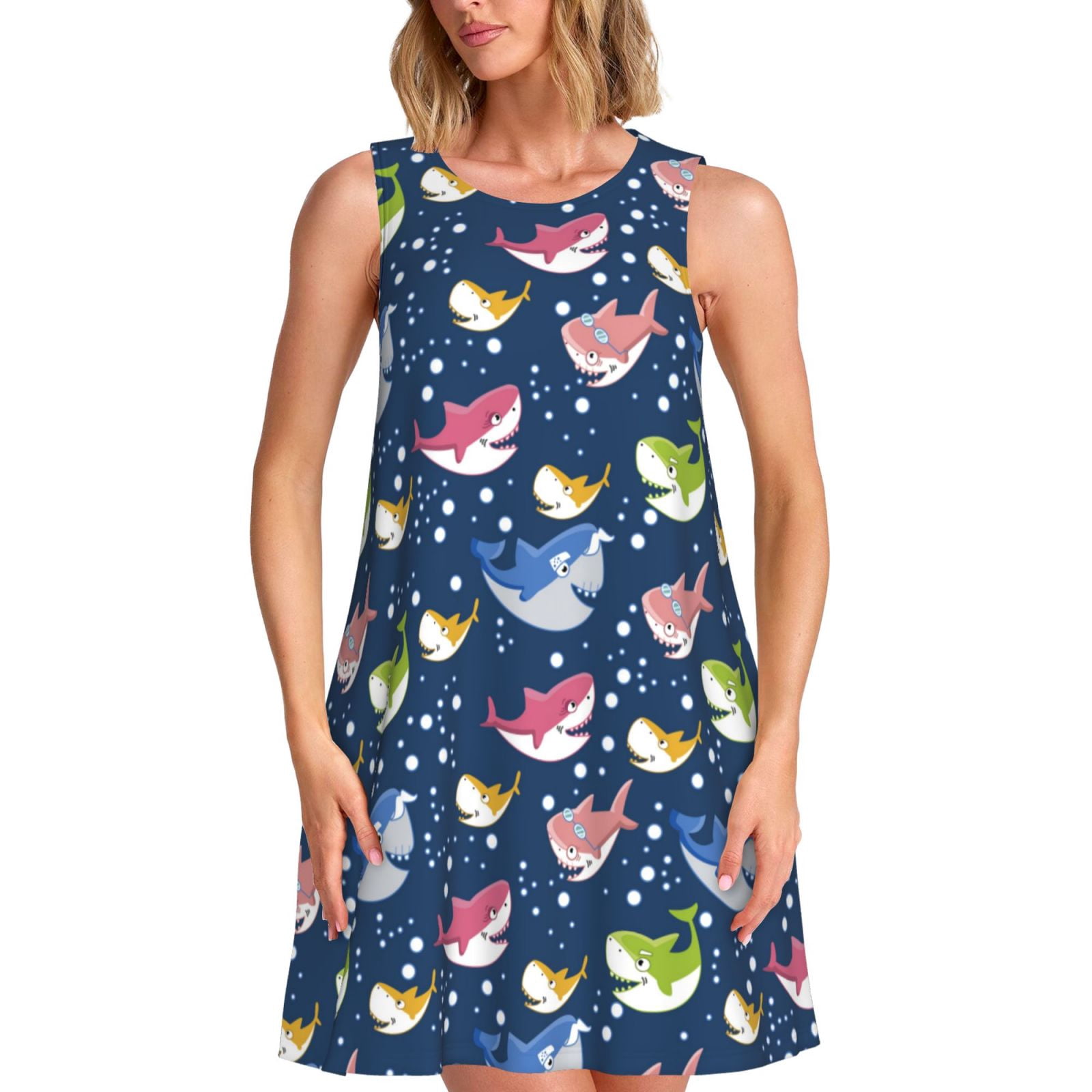 Balery Colorful Cartoon Shark Pattern Women’s Summer Dresses – Loose ...