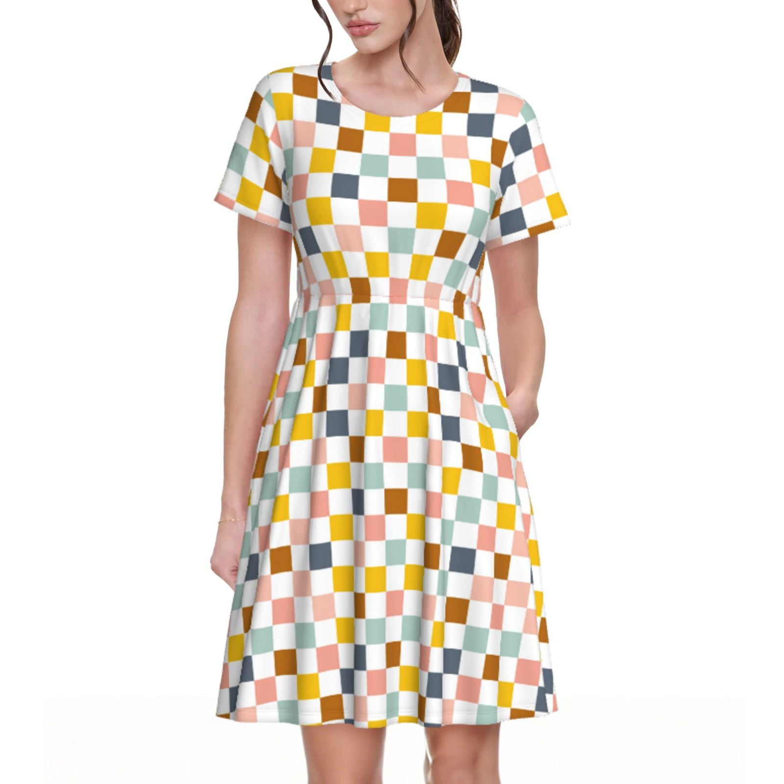 Balery Colorful Checkered 1 Pattern Womens Dresses Loose Short sleeve ...