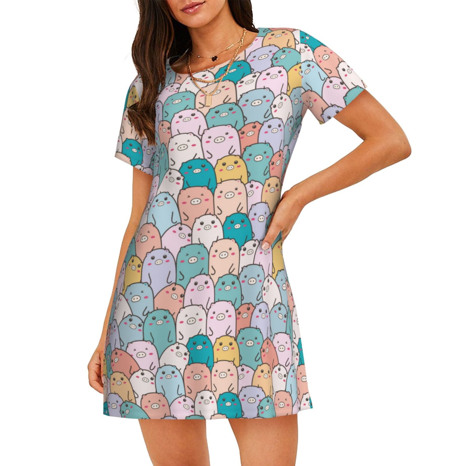 Balery Colorful Cute Pig Pattern Womens Short Sleeve Sleepshirt ...