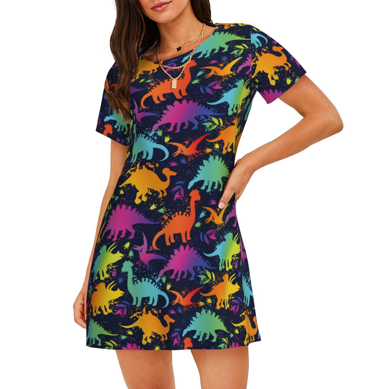 Balery Colorful Dinosaur Pattern Womens Short Sleeve Sleepshirt ...