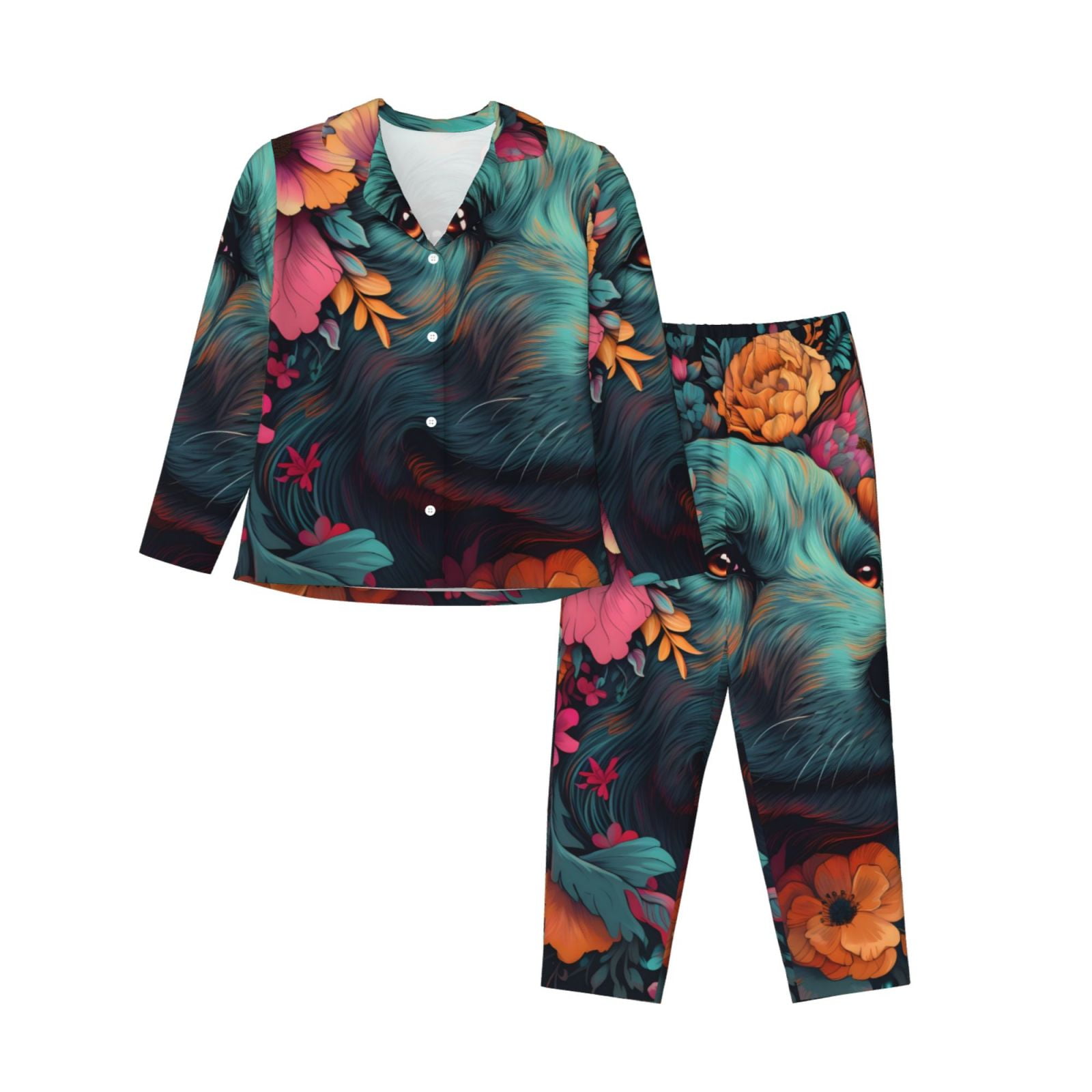 Balery Colorful Flower Dog A Pattern Pajama Sets for Women Long Sleeve ...