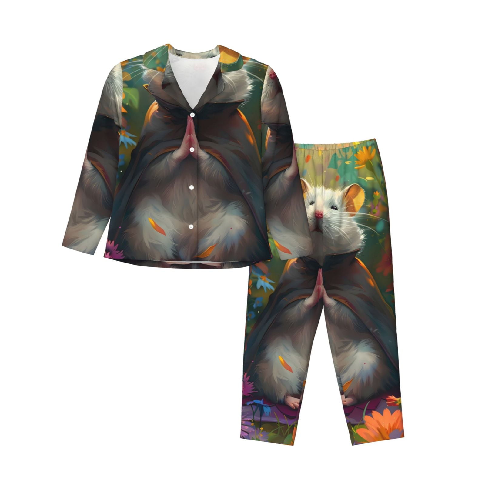 Balery Colorful Flower Meditating Hamster Pattern Pajama Sets for Women ...