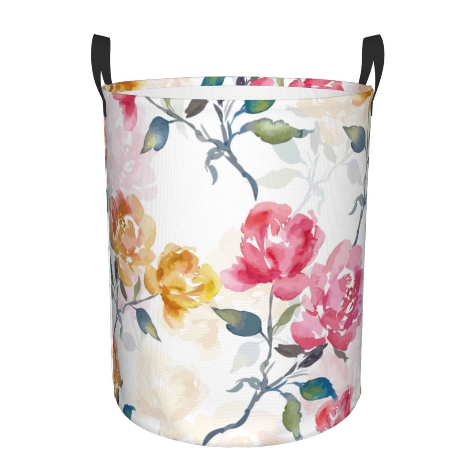 Balery Colorful Flowers Round Laundry Basket with Handles Waterproof ...