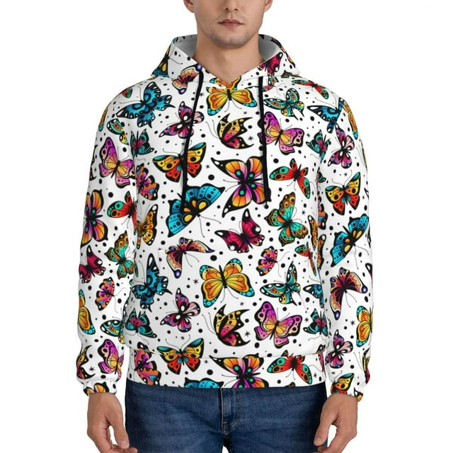 Balery Colorful Flying Butterflies Pattern Mens Hoodie Kangaroo Pocket