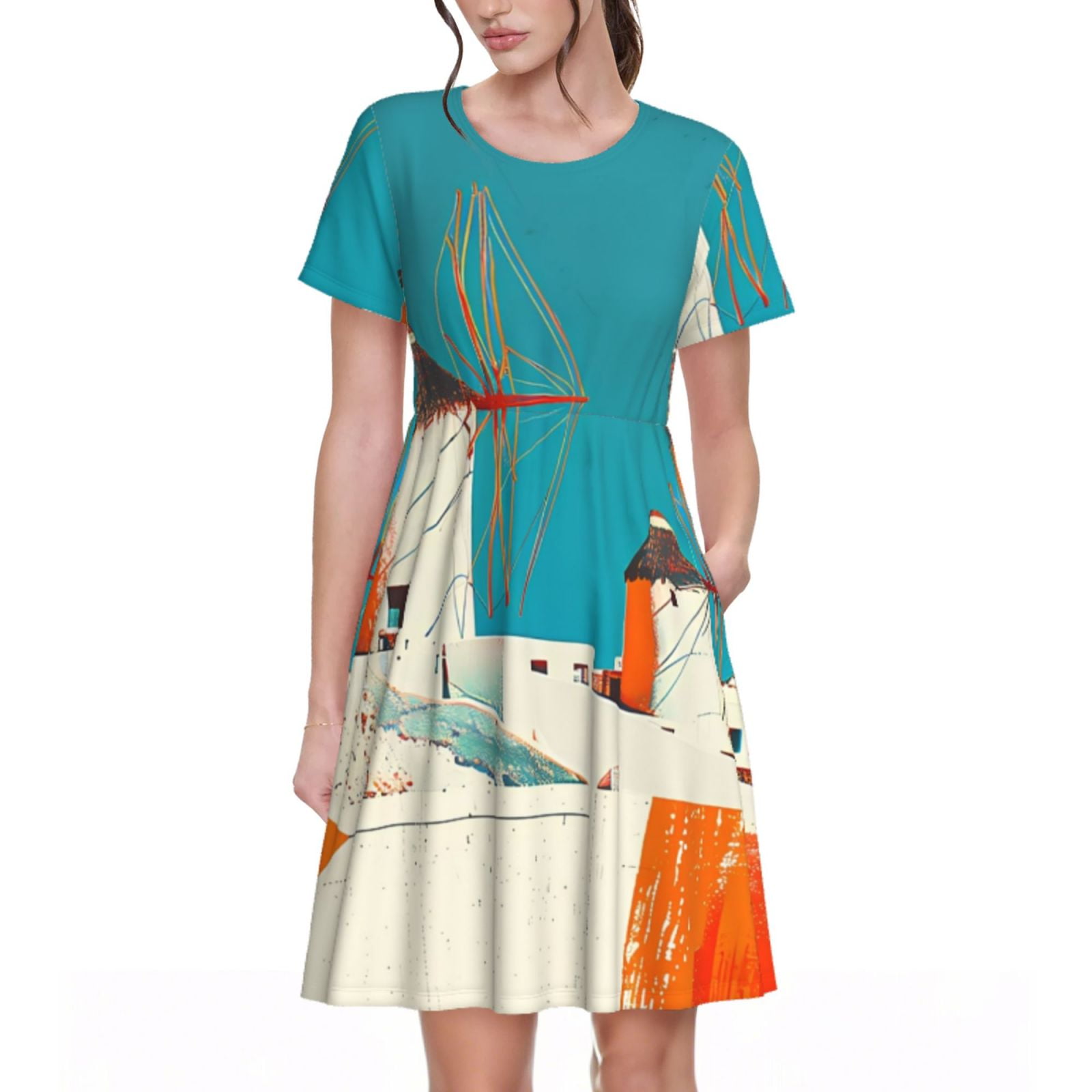 Balery Colorful Greek Windmills Pattern Womens Dresses Loose Short ...