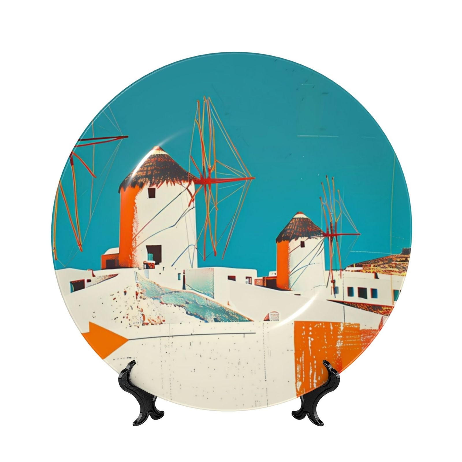 Balery Colorful Greek Windmills Print Bone China Decorative Plate ...