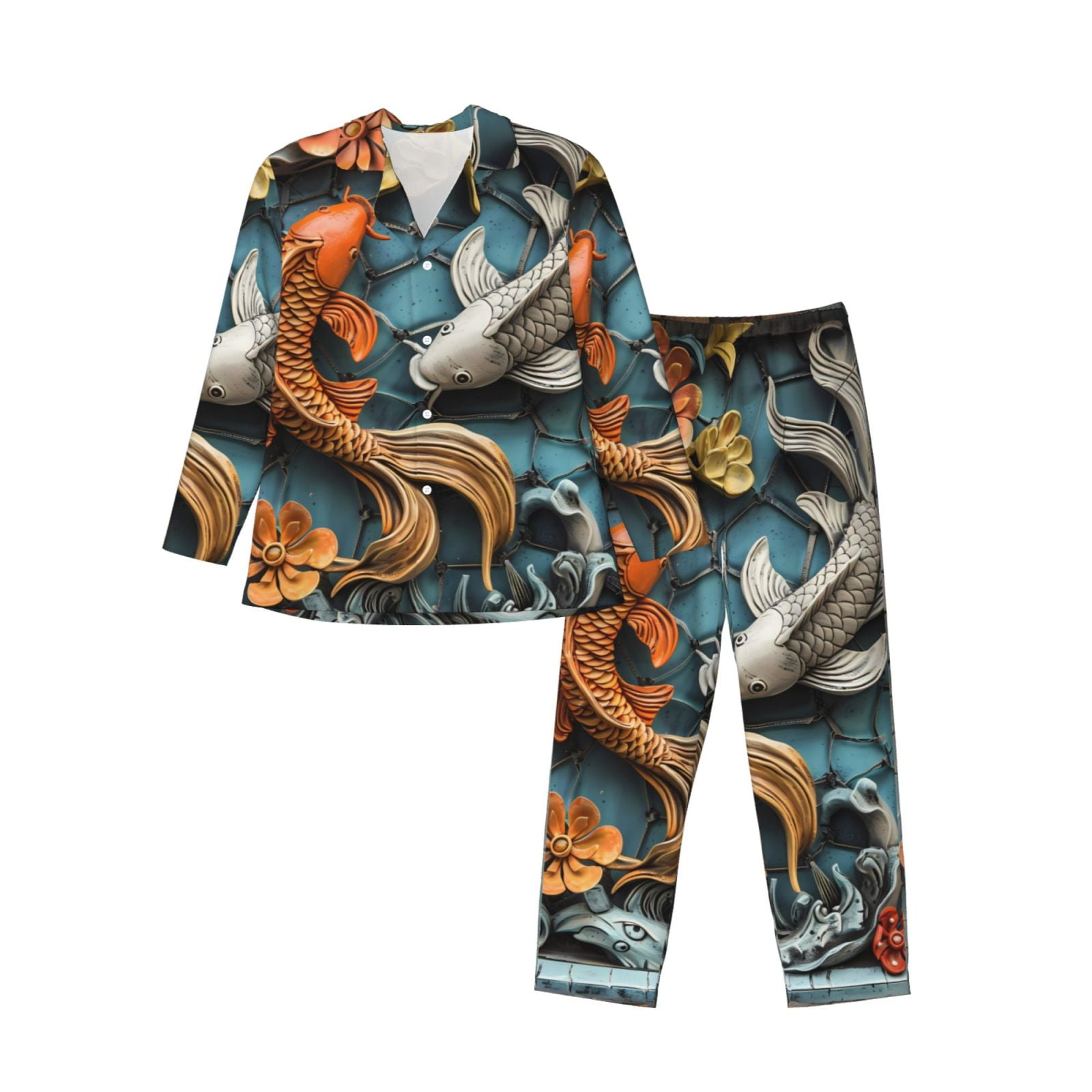 Balery Colorful Koi Fish Art Pattern Pajama Sets for Men Long Sleeve 2 ...