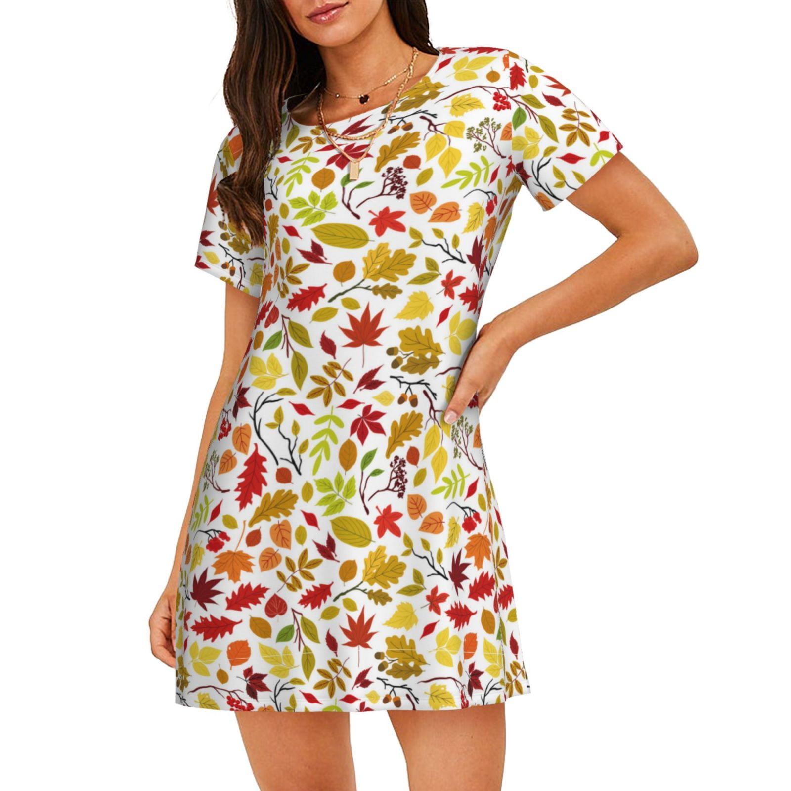 Balery Colorful Leaves Pattern Womens Short Sleeve Sleepshirt Scoopneck ...