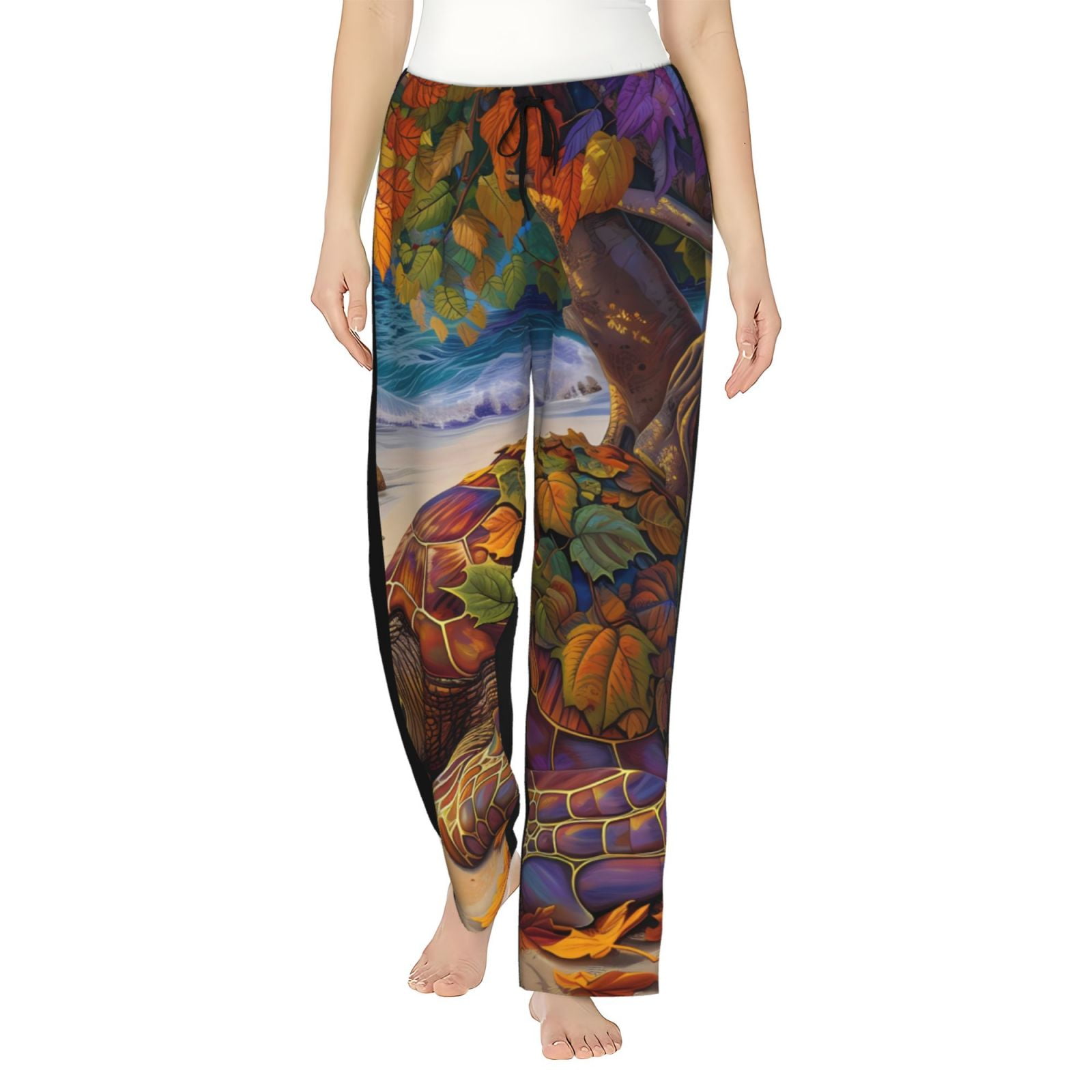 Balery Colorful Maple Leaf Beach Turtle print Women's Pajama Pants ...