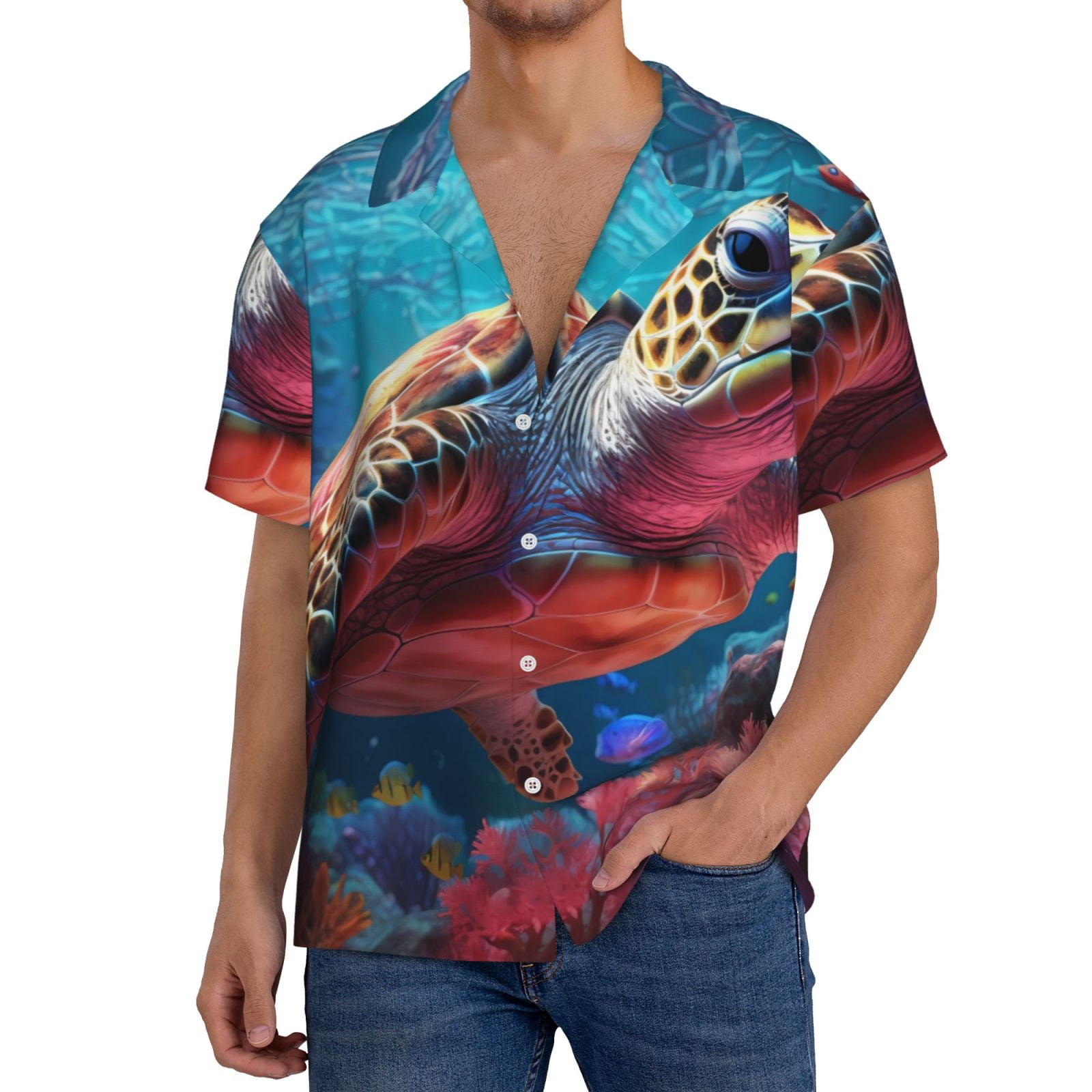 Balery Colorful Ocean Sea Turtle Men's Casual Button Down Shirt Short ...