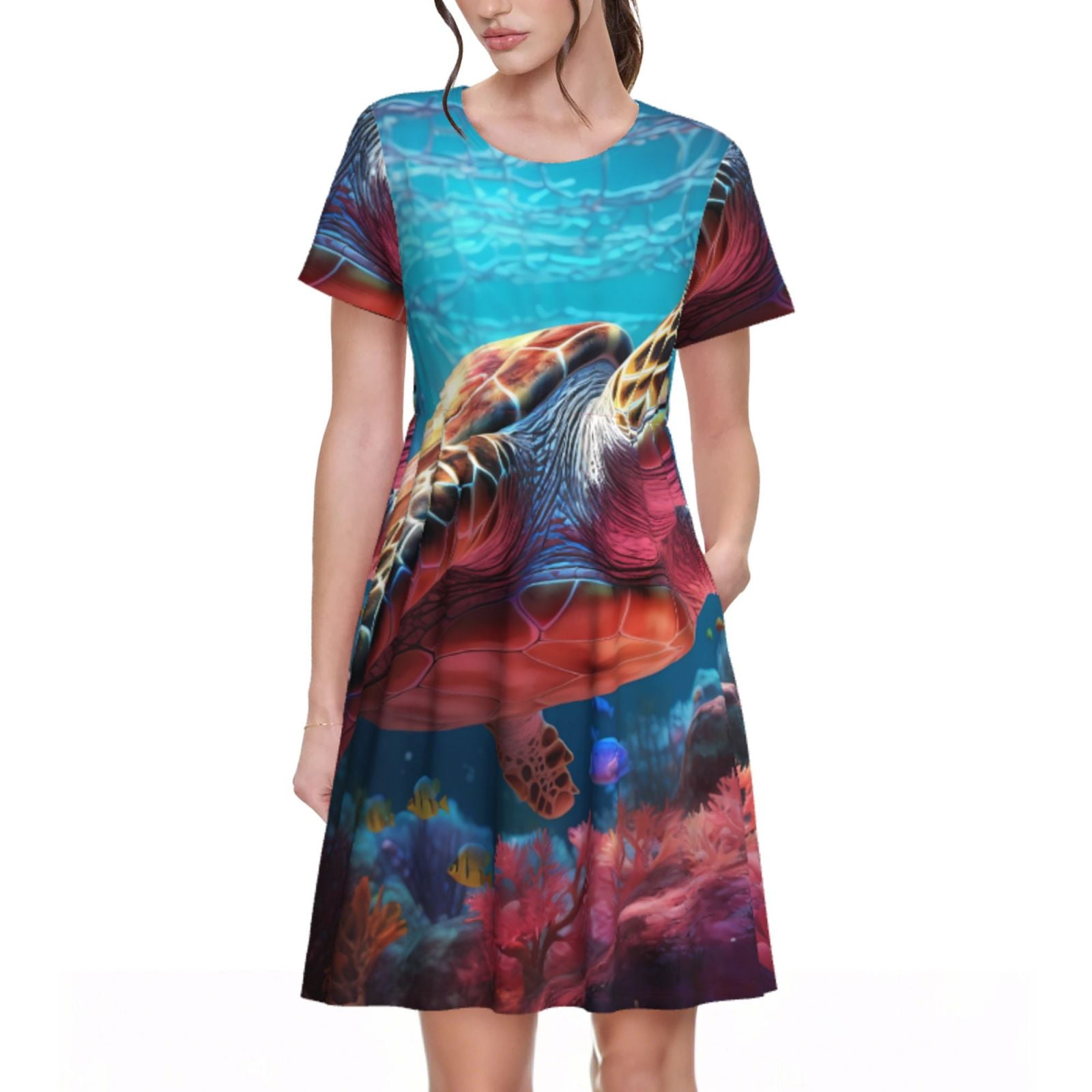 Balery Colorful Ocean Sea Turtle Pattern Womens Dresses Loose Short ...