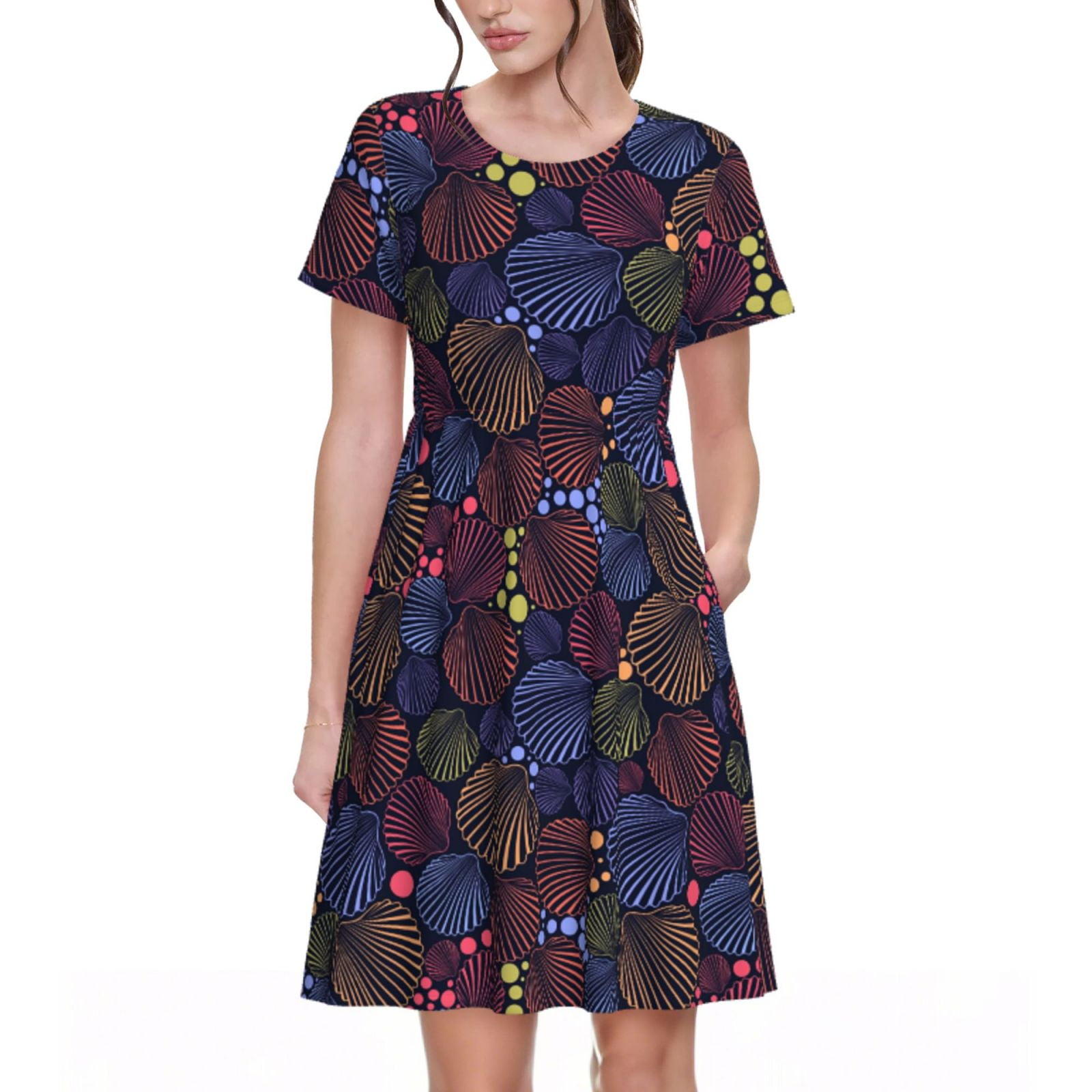 Balery Colorful Shells Pattern Womens Dresses Loose Short sleeve ...