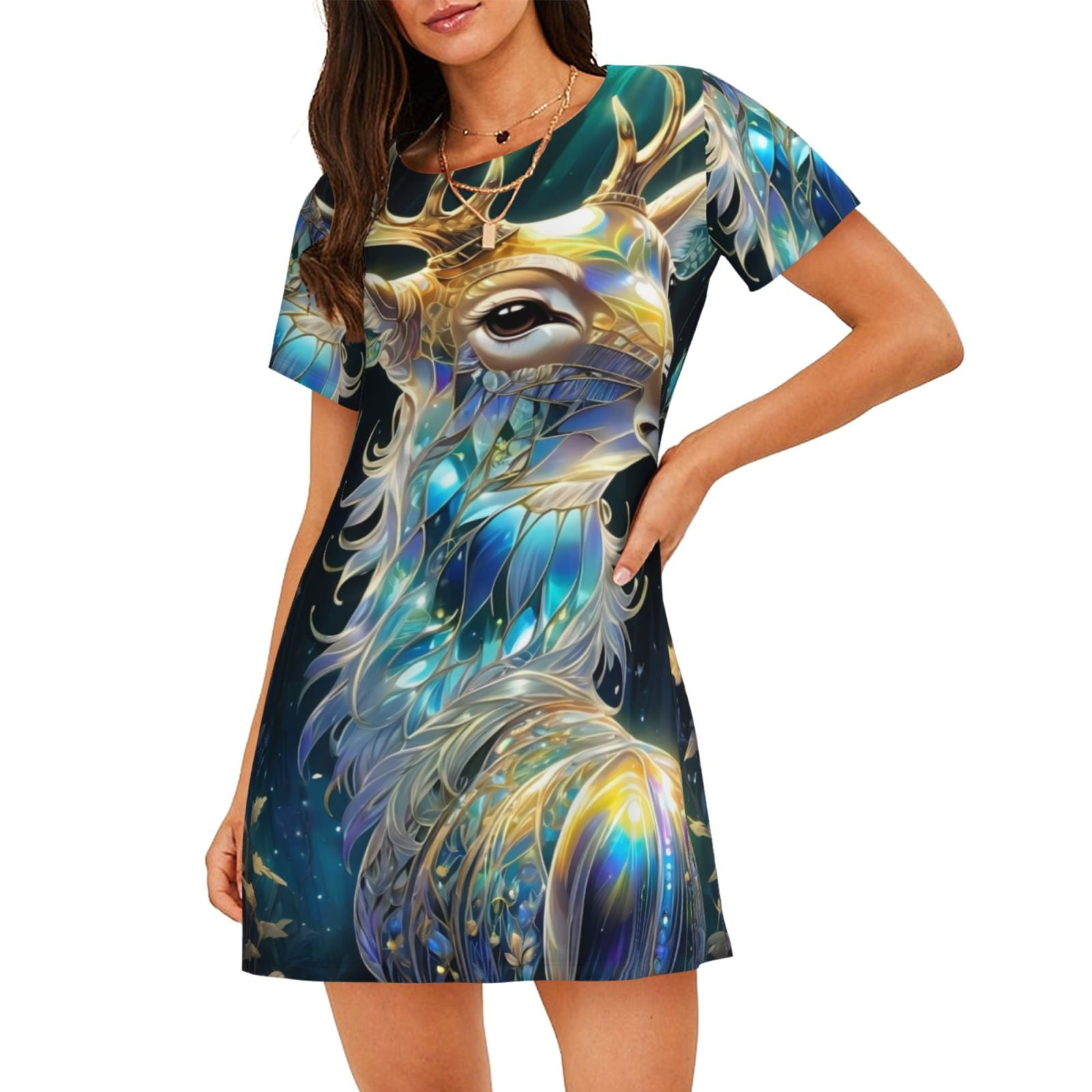 Balery Colorful Stained Glass Deer Pattern Womens Short Sleeve ...