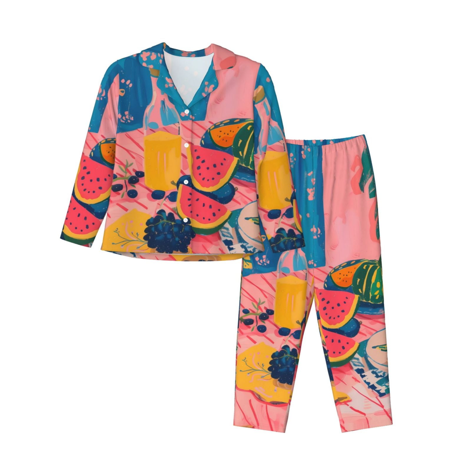 Balery Colorful Summer Fruit Table Pattern Pajama Sets for Women Long ...
