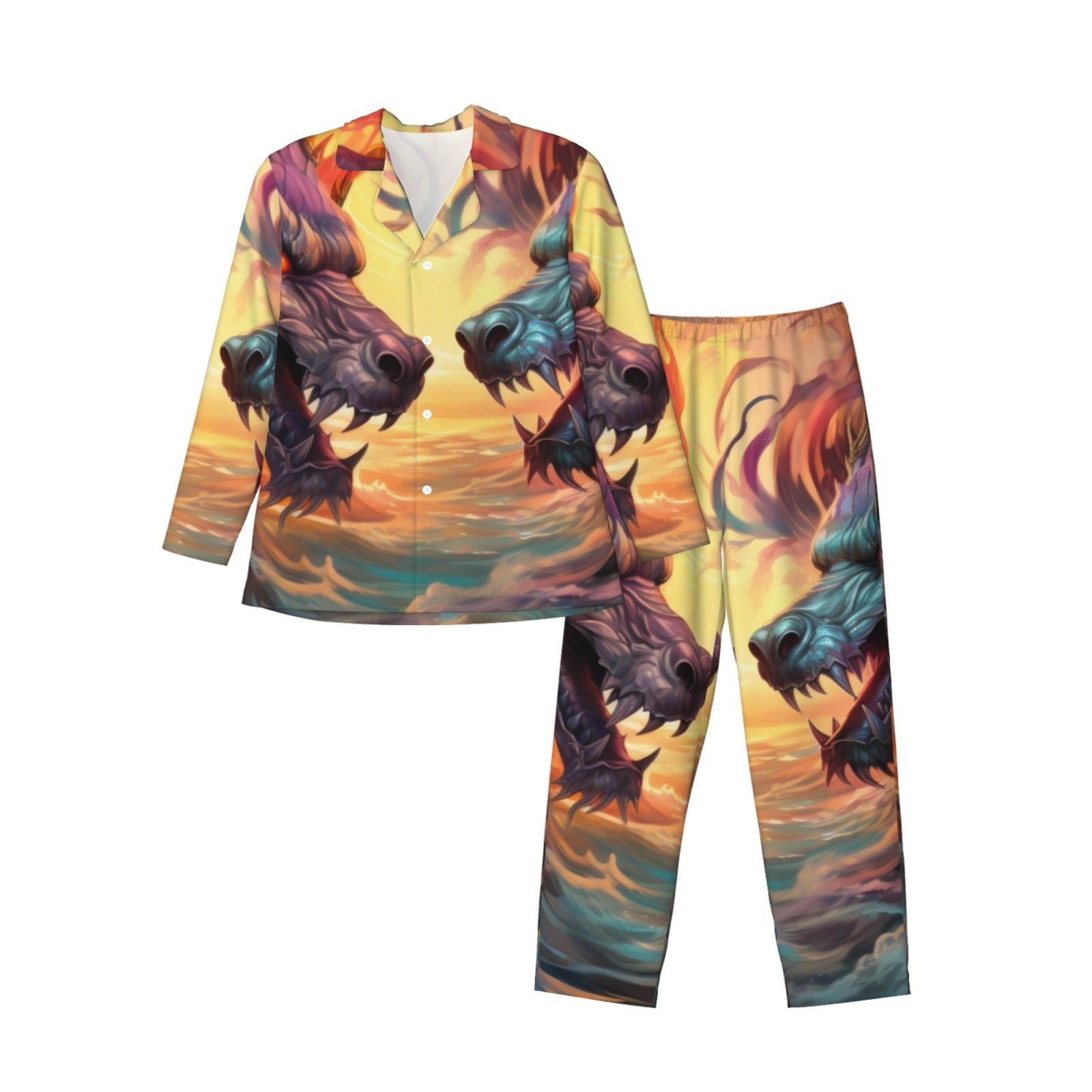 Balery Colorful Wave Dragon Head Pattern Pajama Sets for Men Long ...