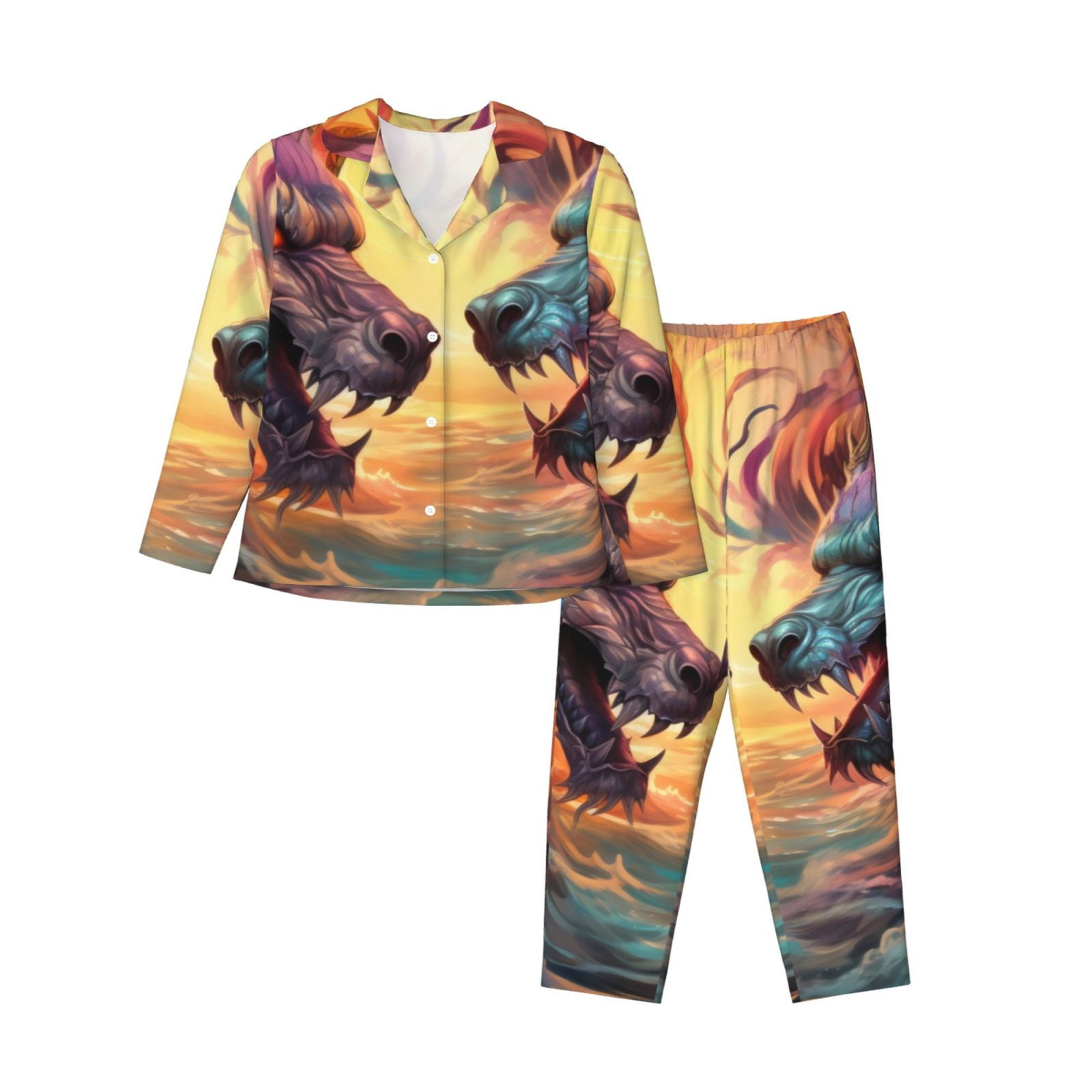 Balery Colorful Wave Dragon Head Pattern Pajama Sets for Women Long ...