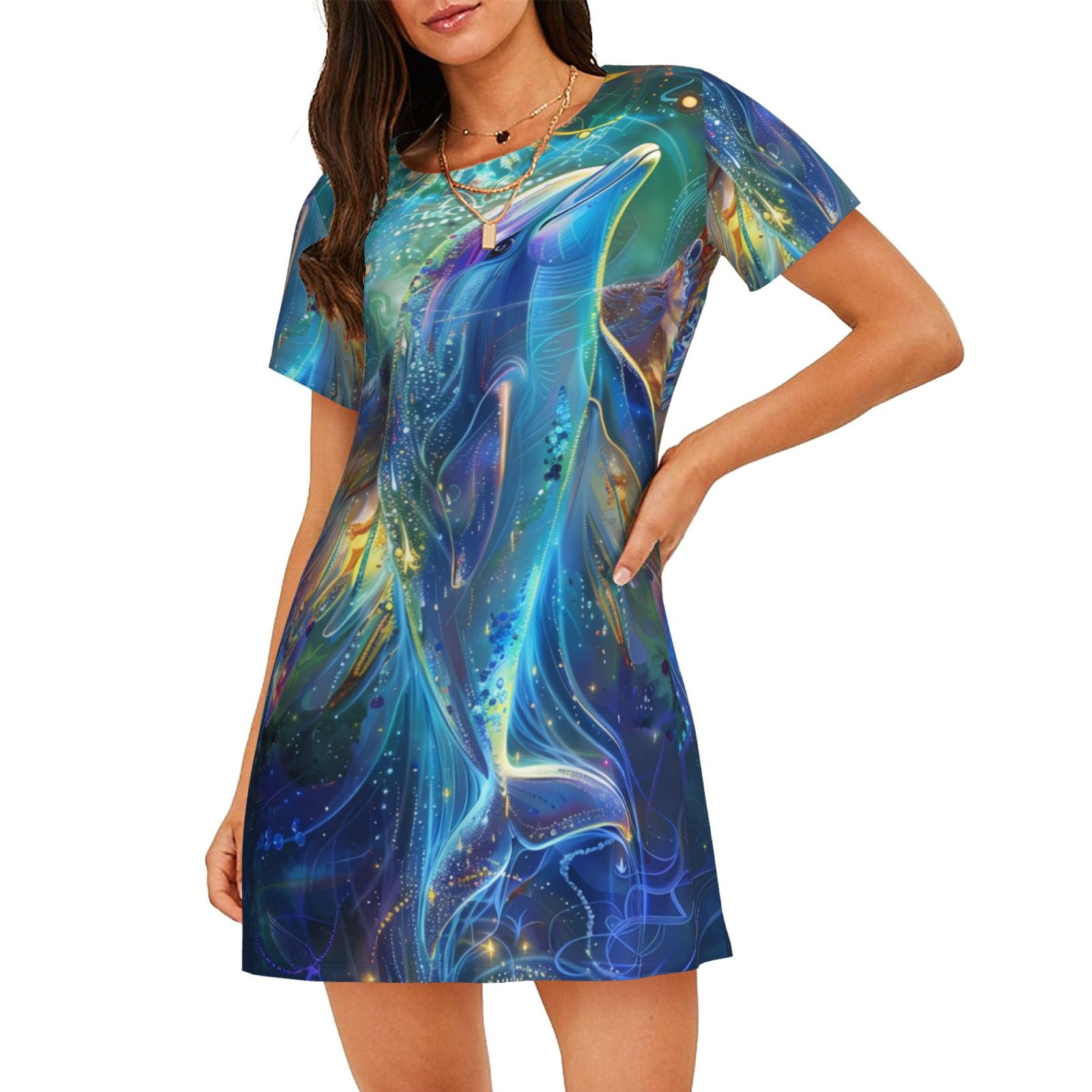 Balery Colorful Winged Dolphin Pattern Womens Short Sleeve Sleepshirt ...