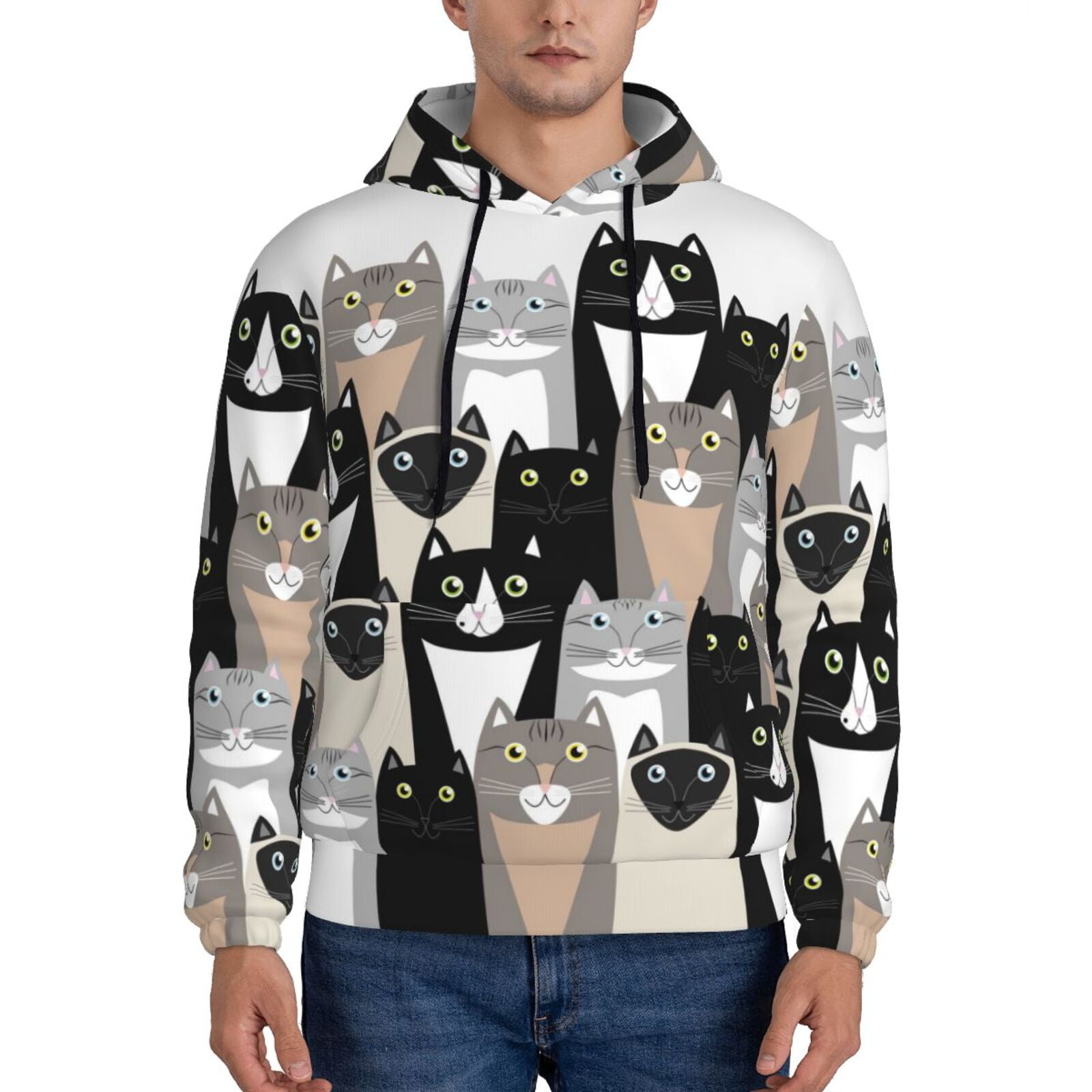 Balery Colors Cats Pattern Mens Hoodie Kangaroo Pocket Hoodie Pullover ...