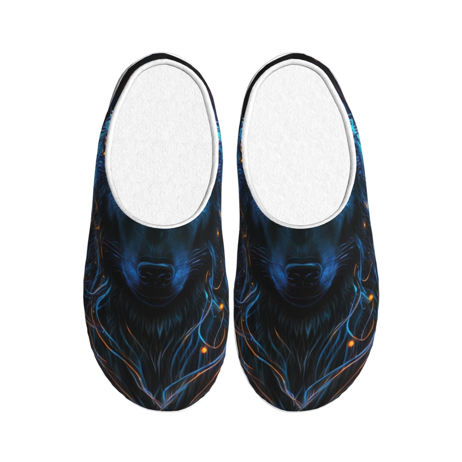 Balery Cool Blue Light Wolf Pattern Women's Fuzzy Memory Foam Slippers ...