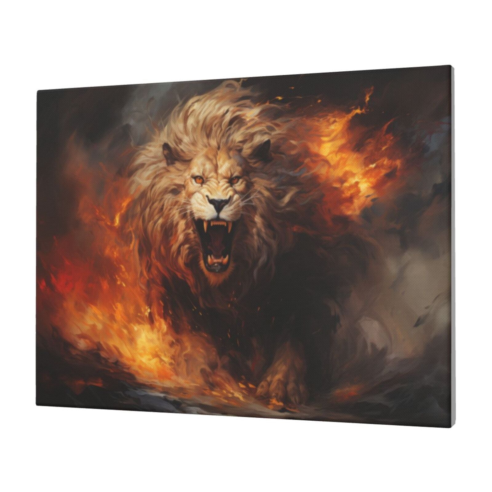 Balery Cool Fire Lion Pattern Canvas Decorative Picture – 30x40in ...