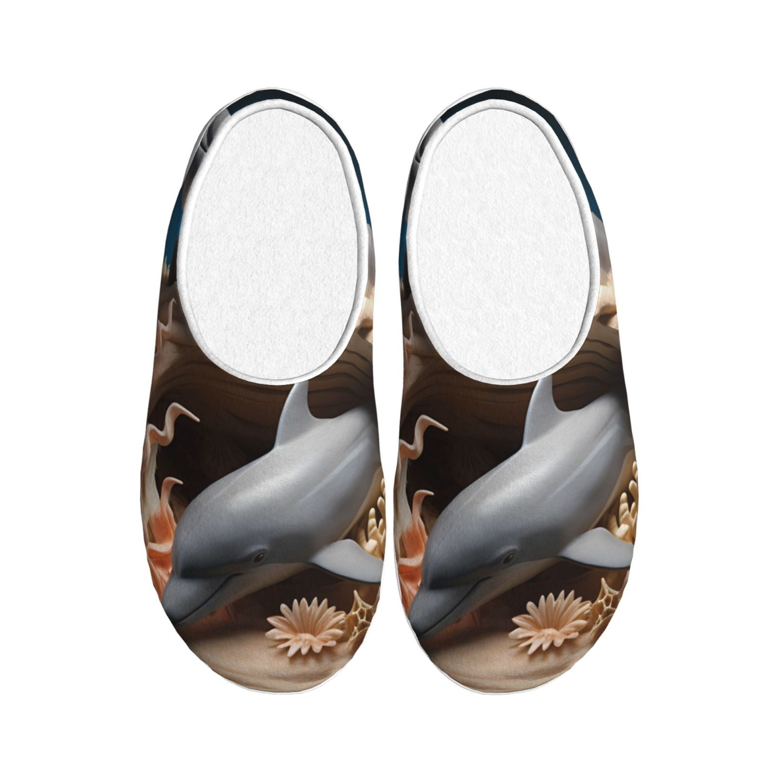 Balery Coral Fish Dolphin Pattern Women's Fuzzy Memory Foam Slippers ...