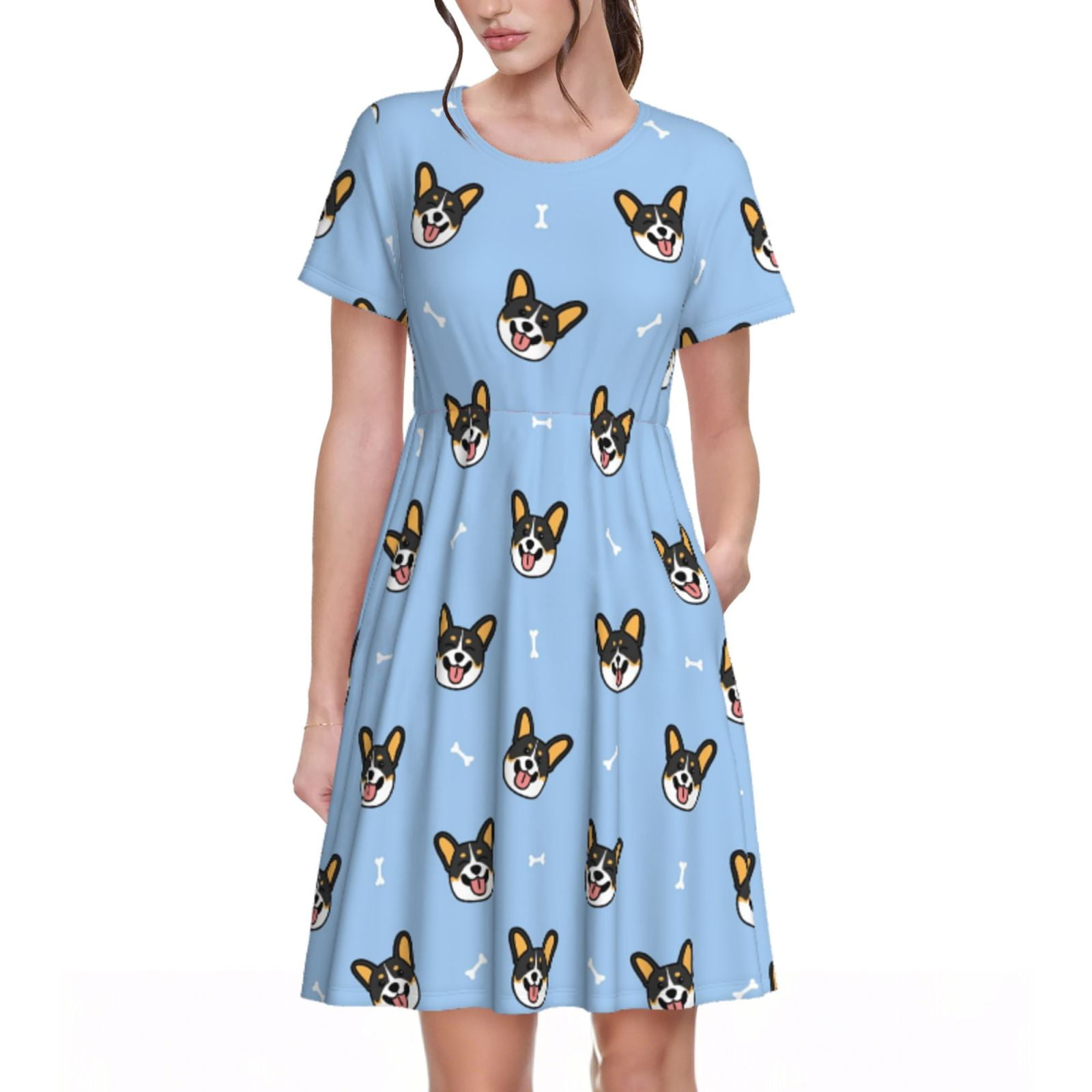 Balery Corgi Dog Pattern Womens Dresses Loose Short sleeve Sundresses ...