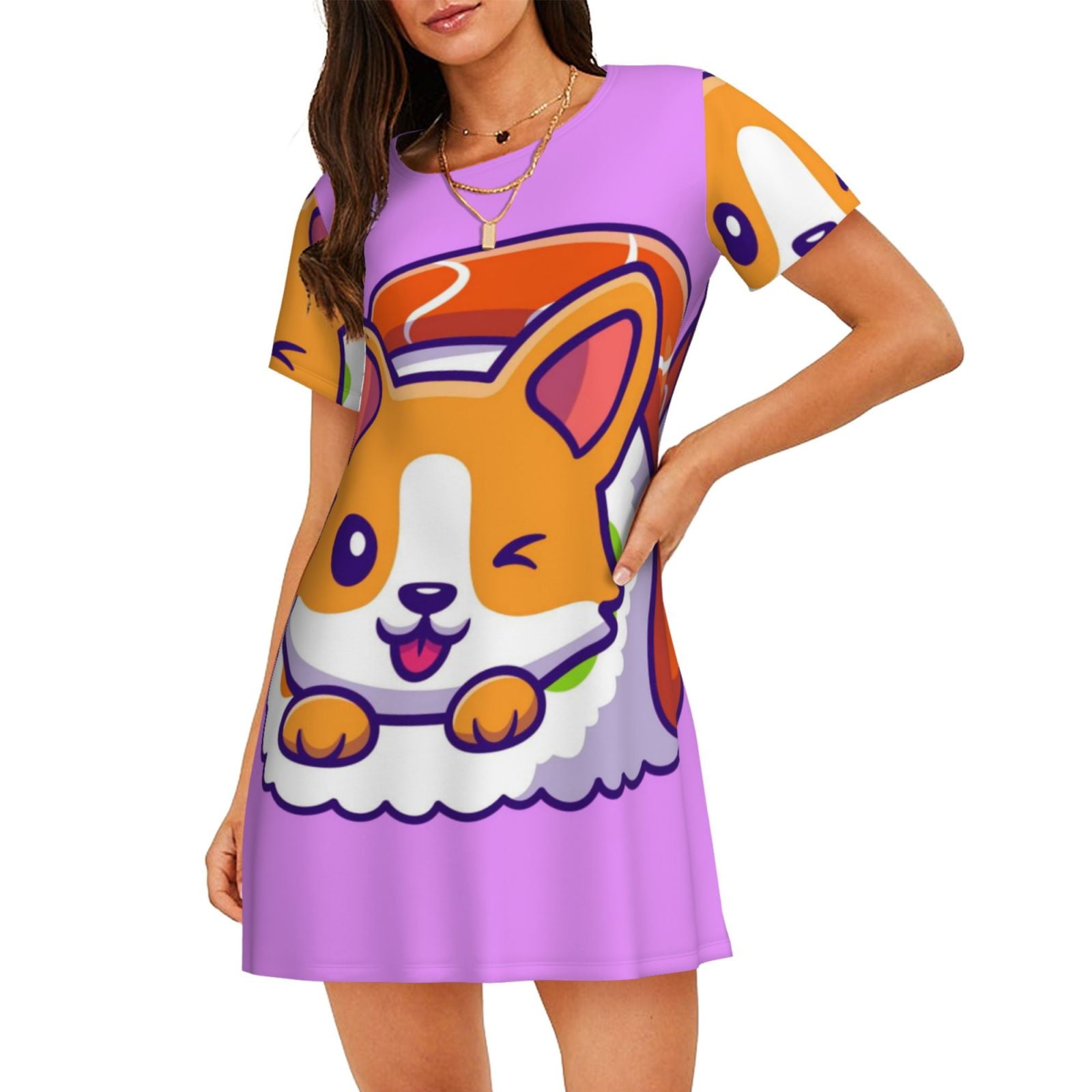 Balery Corgi In Sushi Roll Pattern Womens Short Sleeve Sleepshirt Scoopneck Cute Nightdress ...