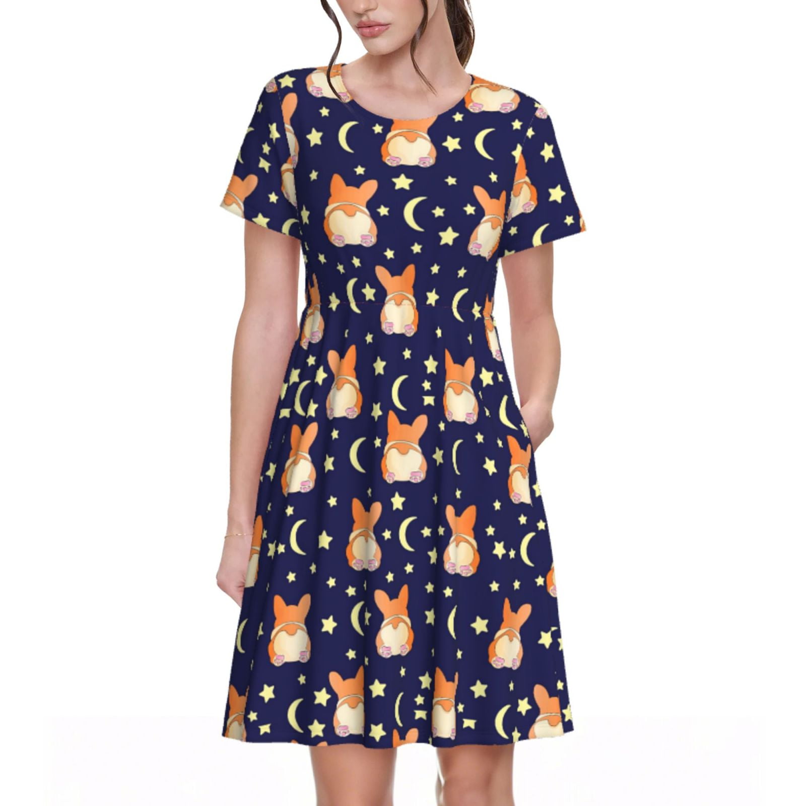Balery Corgi Lying With Moons And Stars Pattern Womens Dresses Loose ...