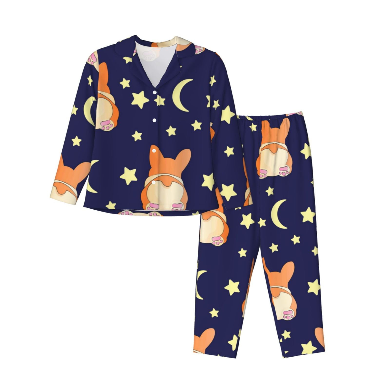 Balery Corgi Lying With Moons And Stars Pattern Pajama Sets for Women ...