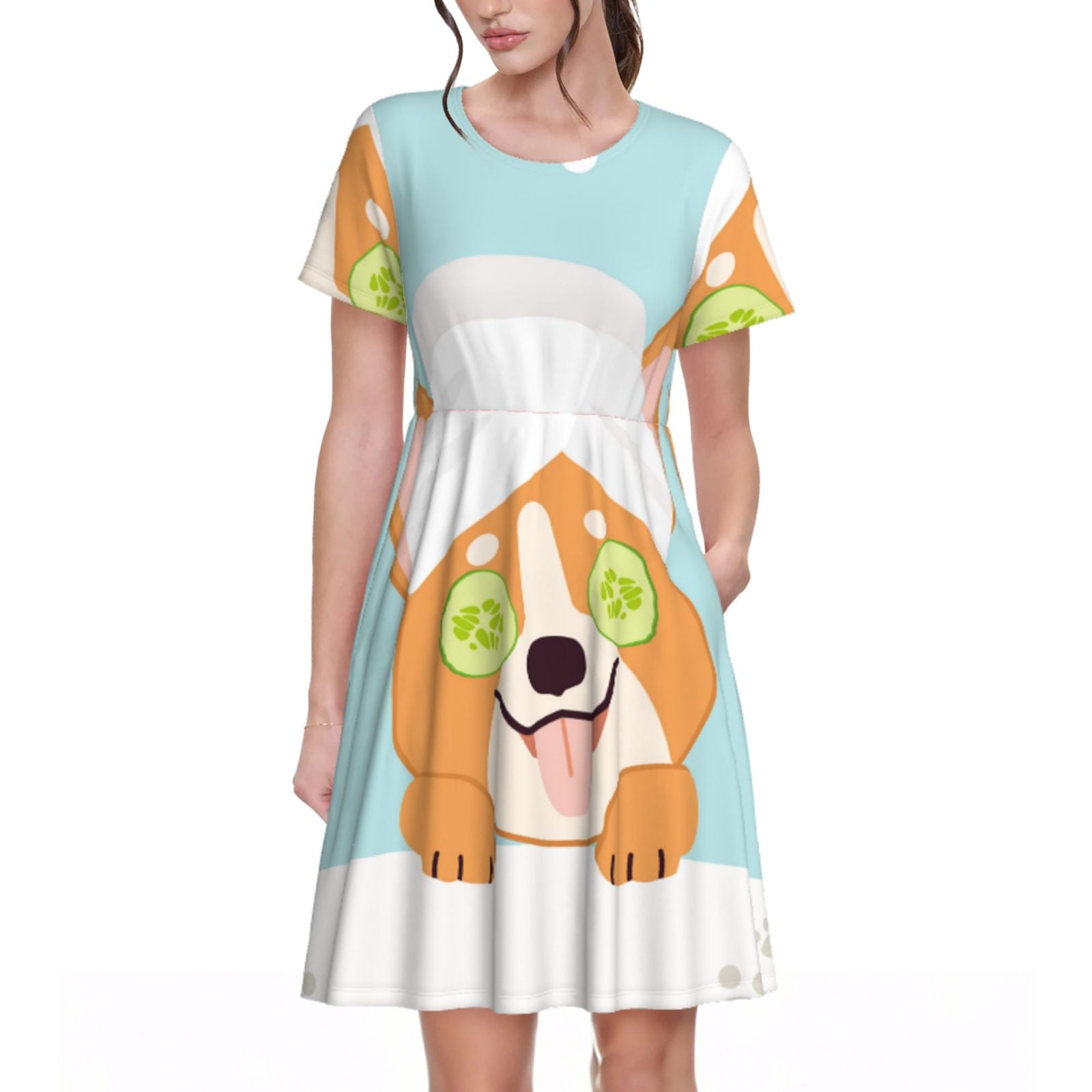 Balery Corgi With Towel Ans Slice Cucumber Pattern Womens Dresses Loose ...