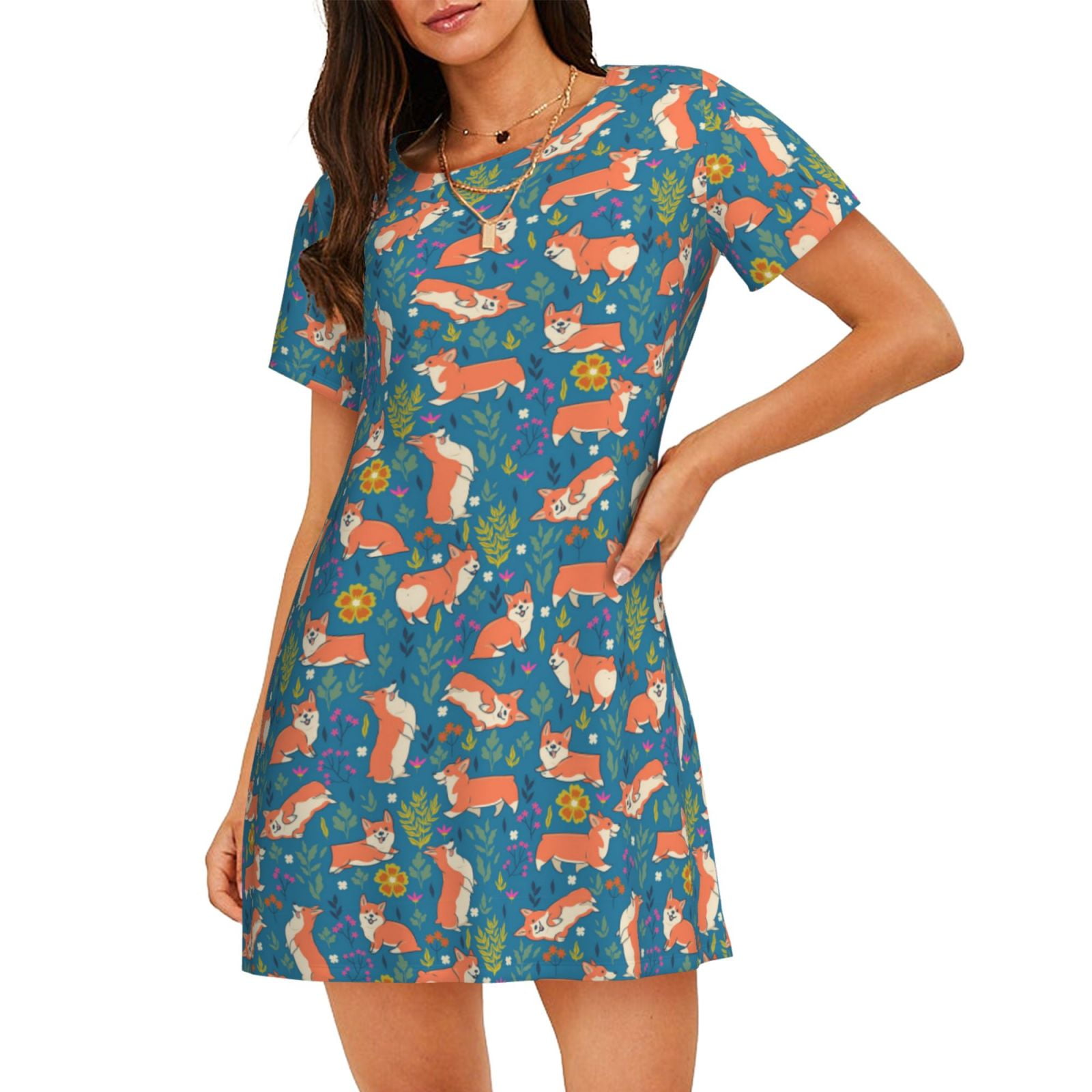 Balery Corgi with Flowers Pattern Womens Short Sleeve Sleepshirt ...