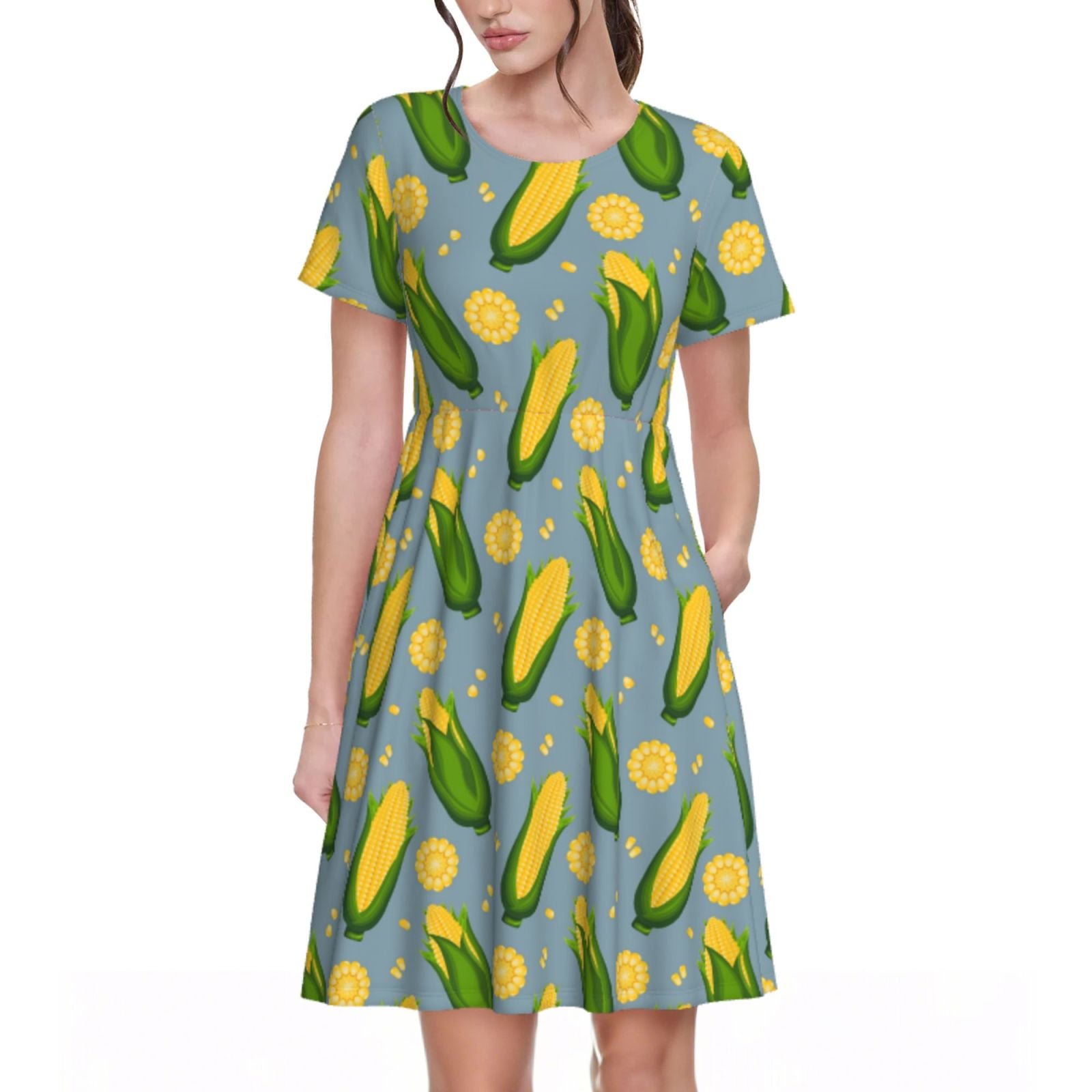 Balery Corn On The Leaves Pattern Womens Dresses Loose Short sleeve ...