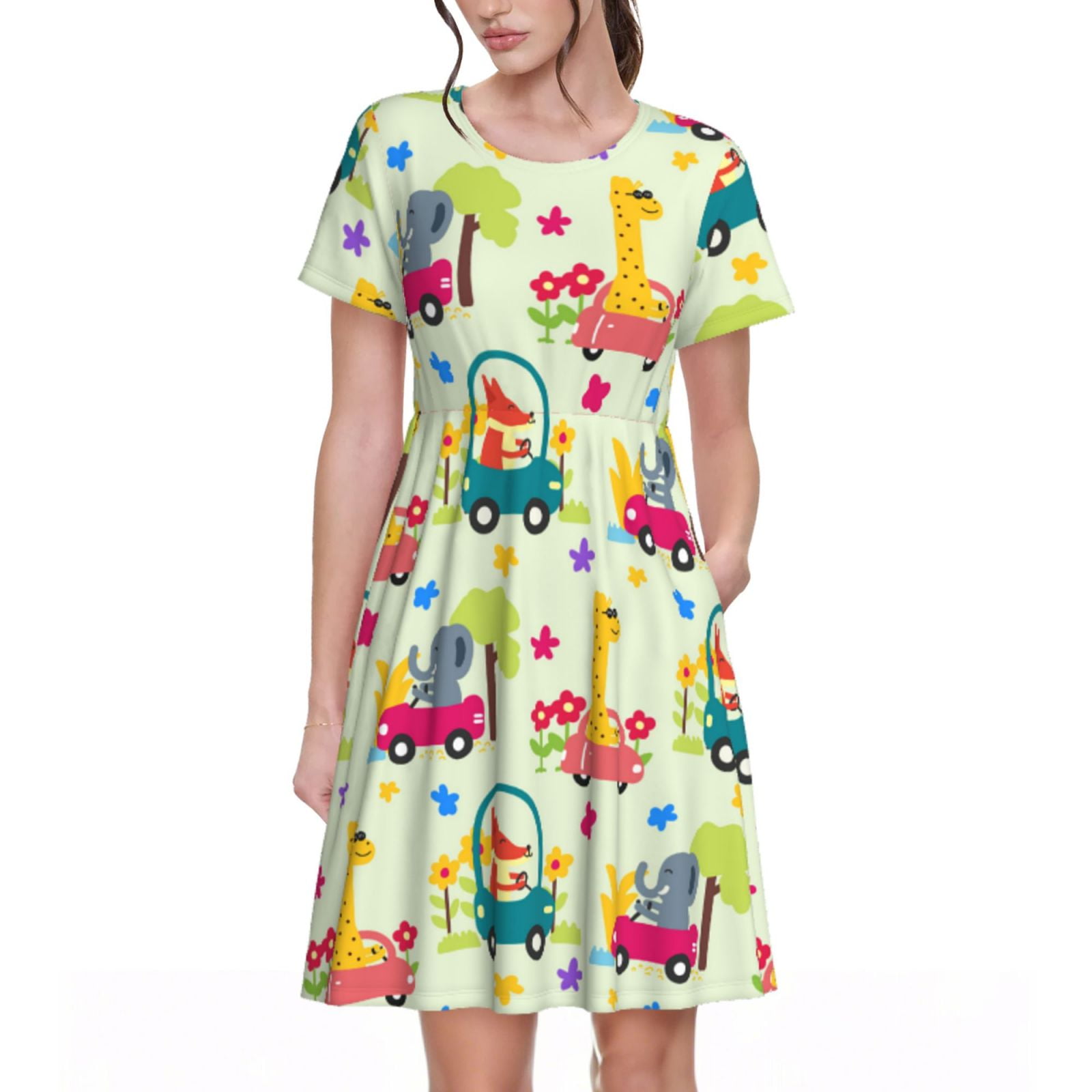 Balery Cute Animals driving a car Pattern Womens Dresses Loose Short ...