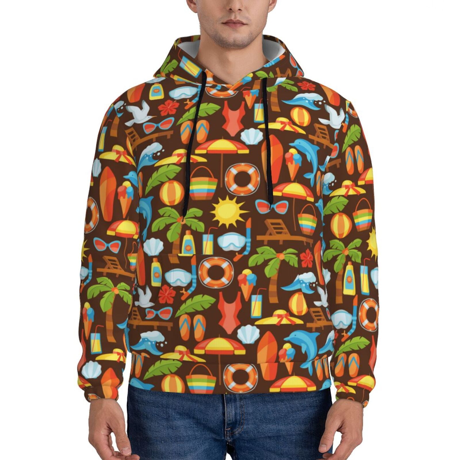 Balery Cute Beach Dolphin Pattern Mens Hoodie Kangaroo Pocket Hoodie ...