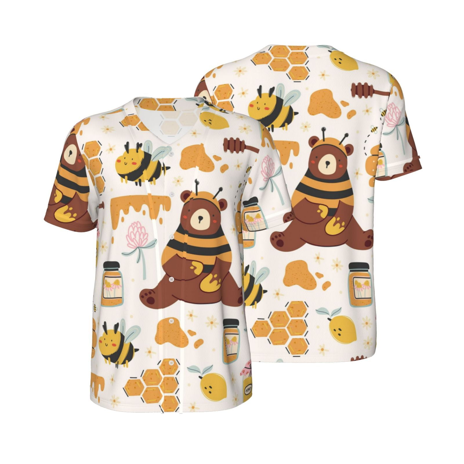 Balery Cute Bee Honey Jar Hive Bear Baseball Jersey for Men Casual ...