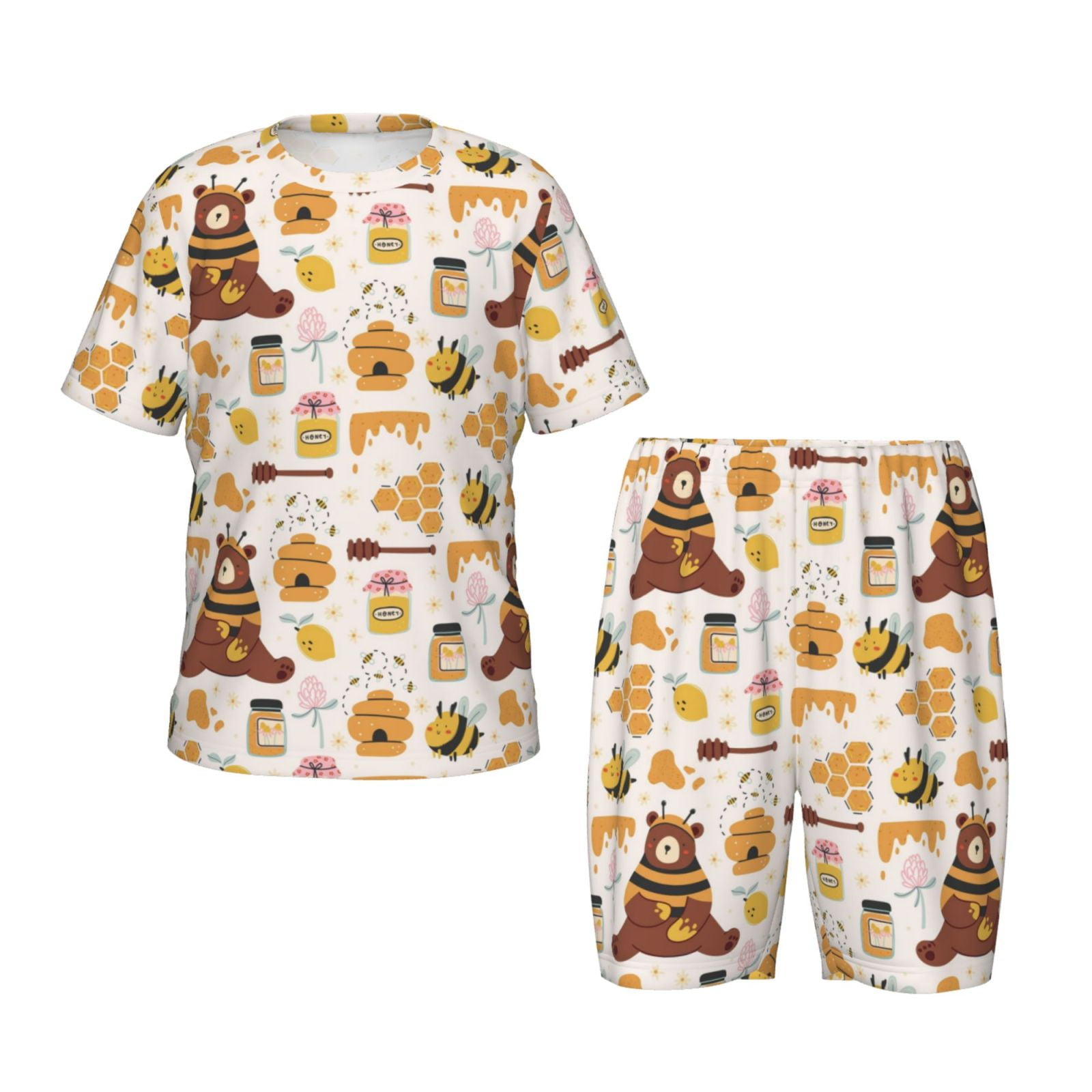 Balery Cute Bee Honey Jar Hive Bear Pattern Kids’ Short-Sleeved Pajama Set – Soft Cotton ...