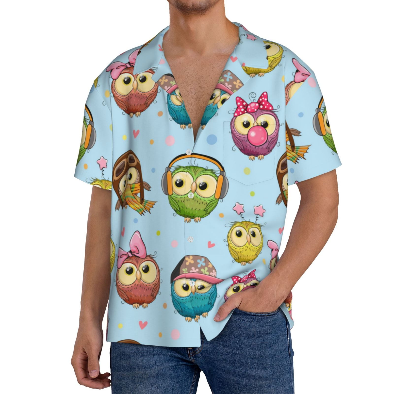 Balery Cute Cartoon Owls 3 Men's Casual Button Down Shirt Short Sleeve ...