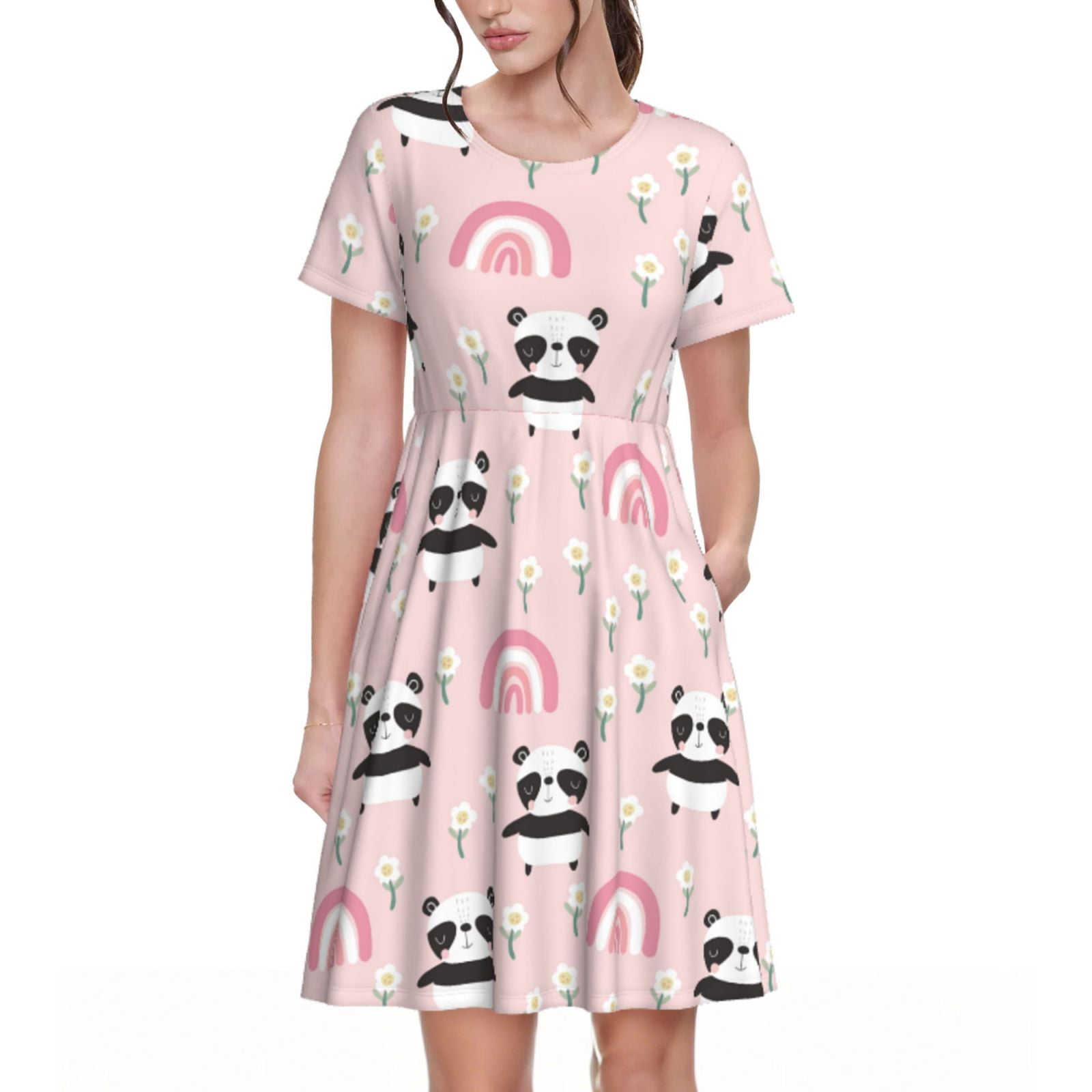 Balery Cute Cartoon Panda Pattern Womens Dresses Loose Short sleeve ...