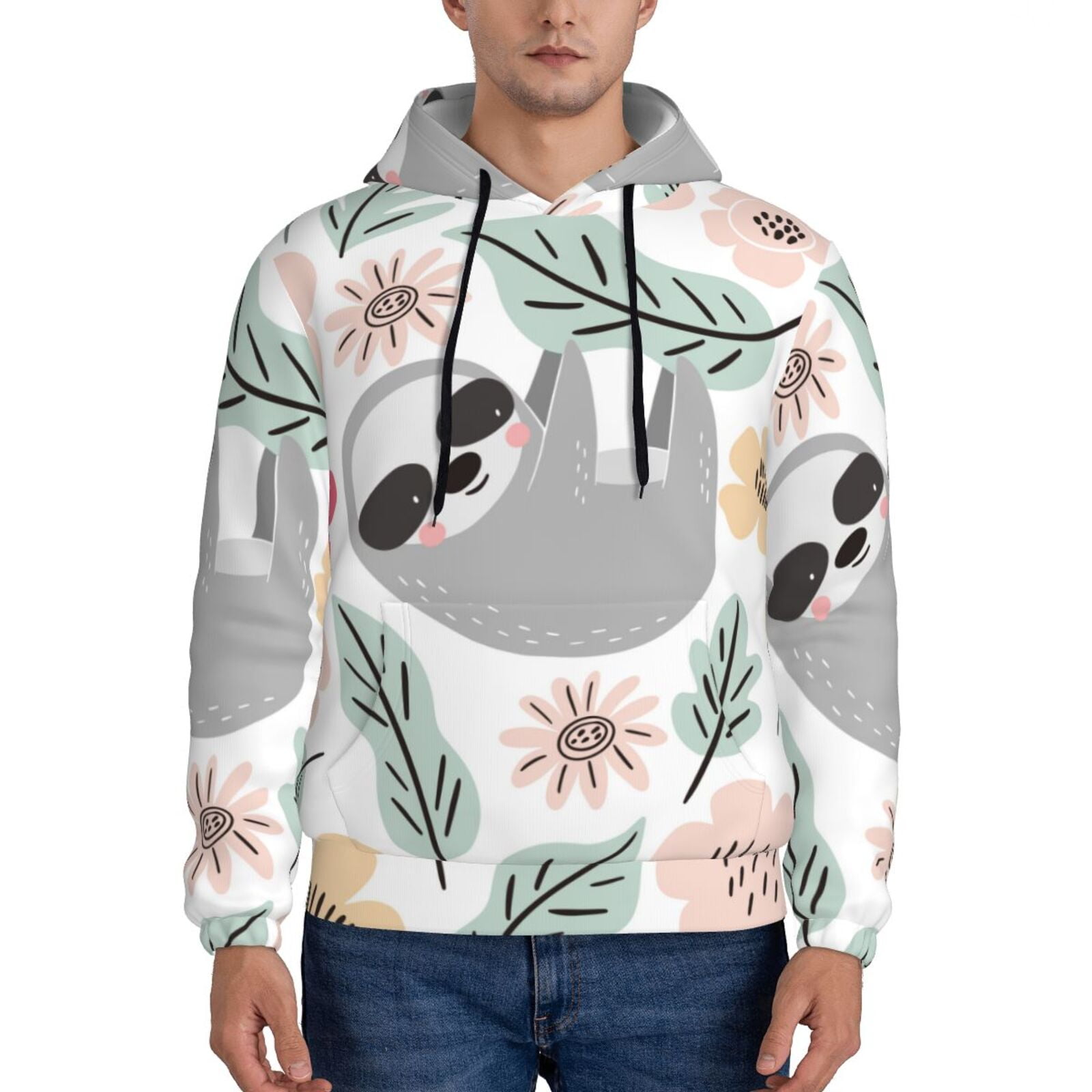 Balery Cute Cartoon Sloth Pattern Mens Hoodie Kangaroo Pocket Hoodie ...