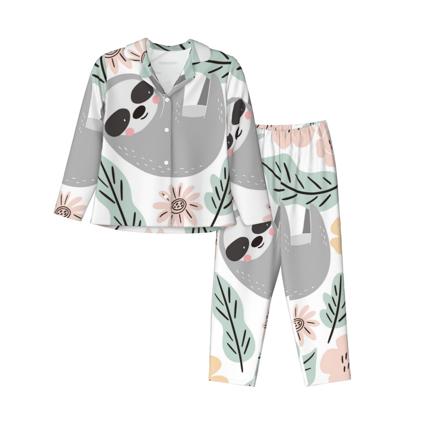 Balery Cute Cartoon Sloth Pattern Pajama Sets for Women Long Sleeve 2 ...