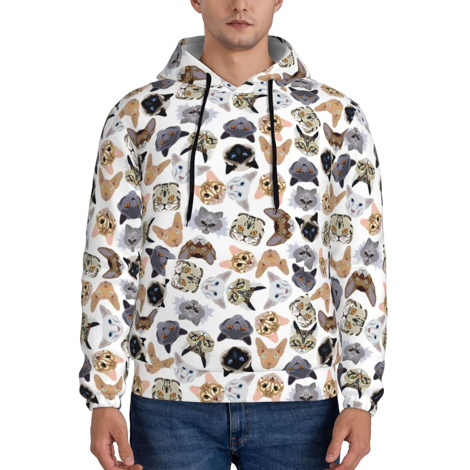 Balery Cute Cats Pattern Mens Hoodie Kangaroo Pocket Hoodie Pullover ...