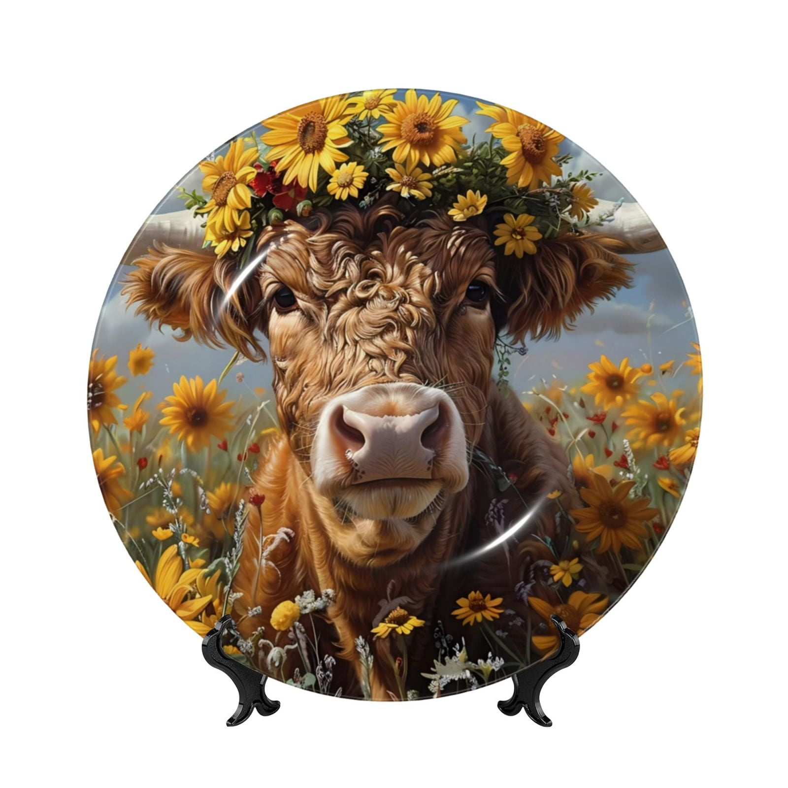 Balery Cute Cow Sunflower Crown A Print Bone China Decorative Plate ...