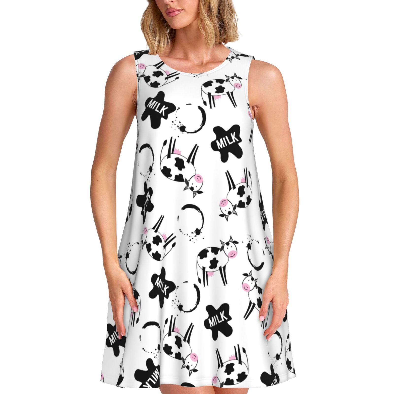 Balery Cute Cow and Milk Stains Pattern Women’s Summer Dresses – Loose ...