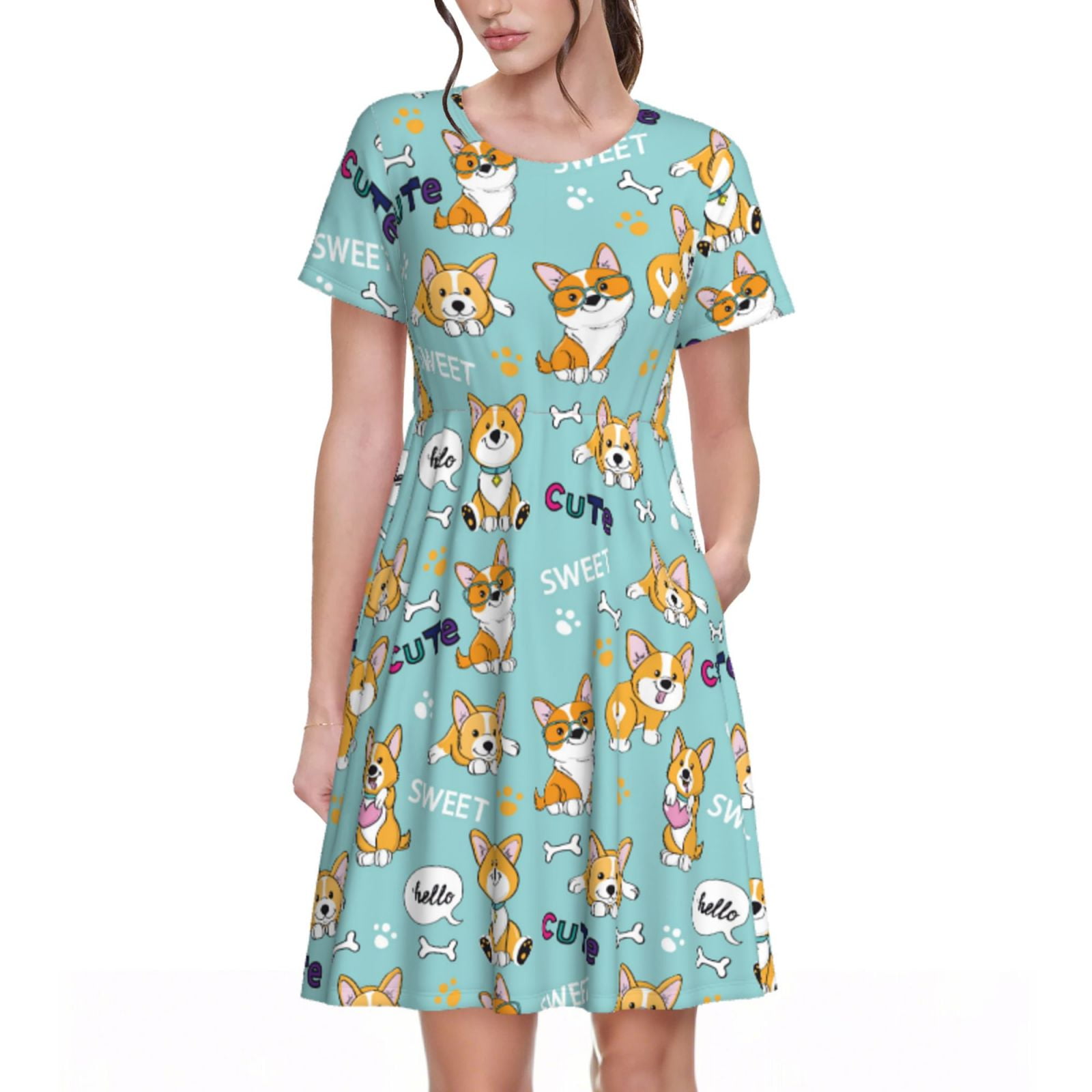 Balery Cute Dogs Corgi Pattern Womens Dresses Loose Short sleeve ...
